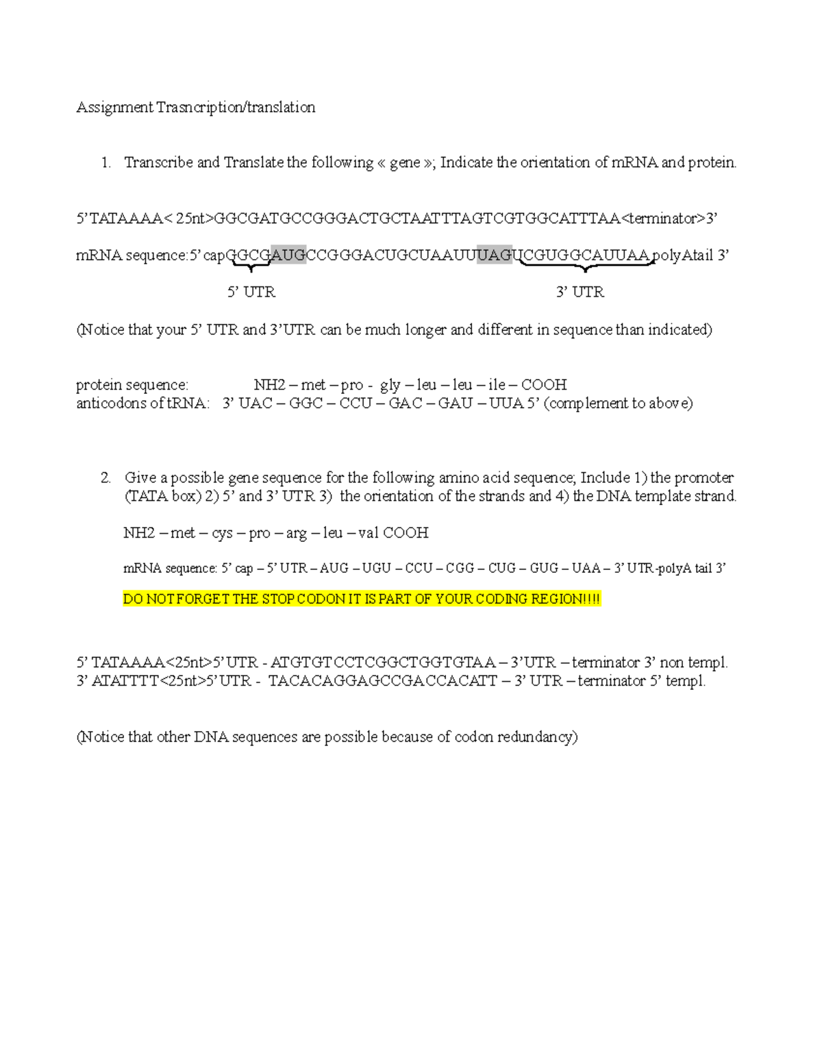 Assignment Gene expression and mutations answer - Assignment Trasncription/translation 1 ...