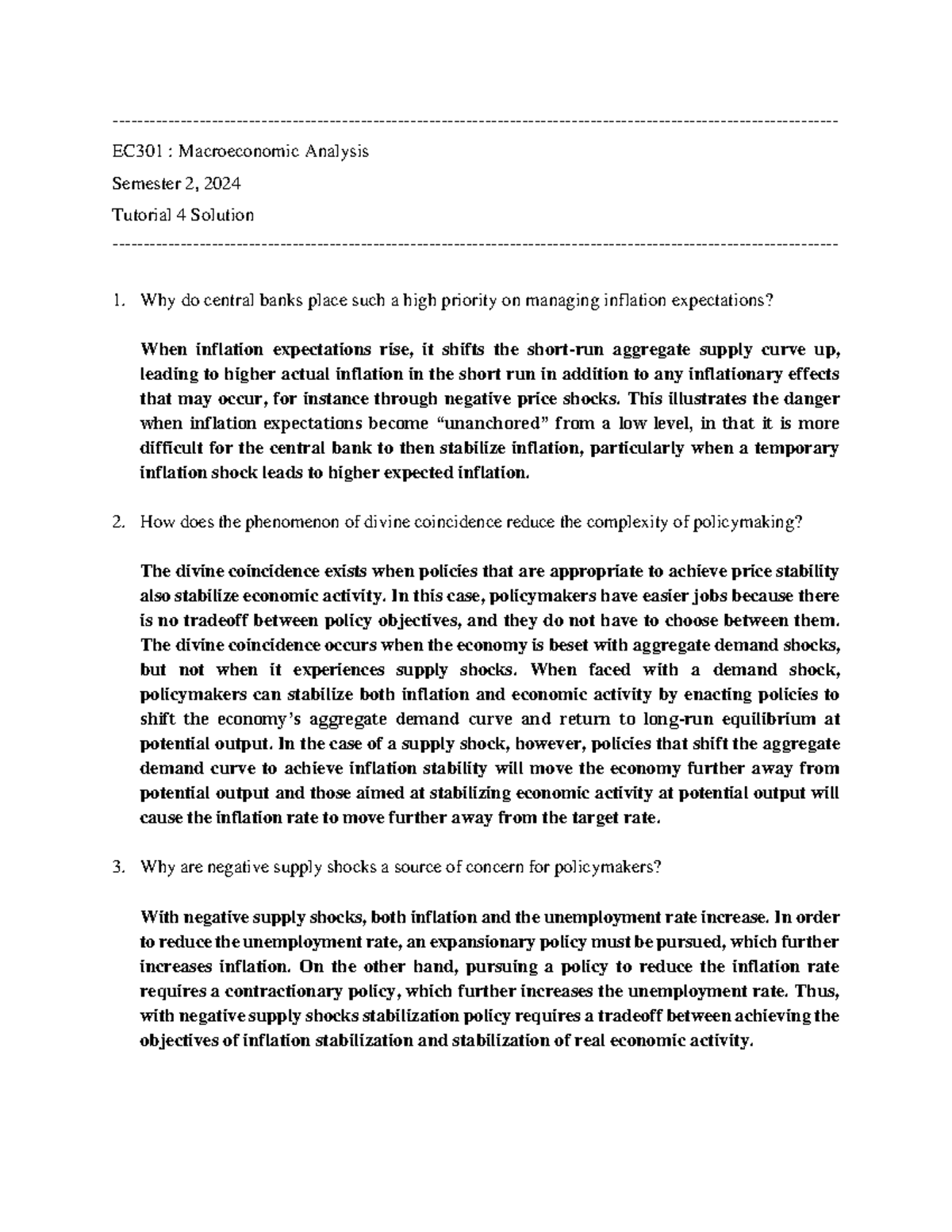 Tutorial 4 Solution Ec301 Macroeconomic Analysis Semester 2 2024 Tutorial 4 Solution Why