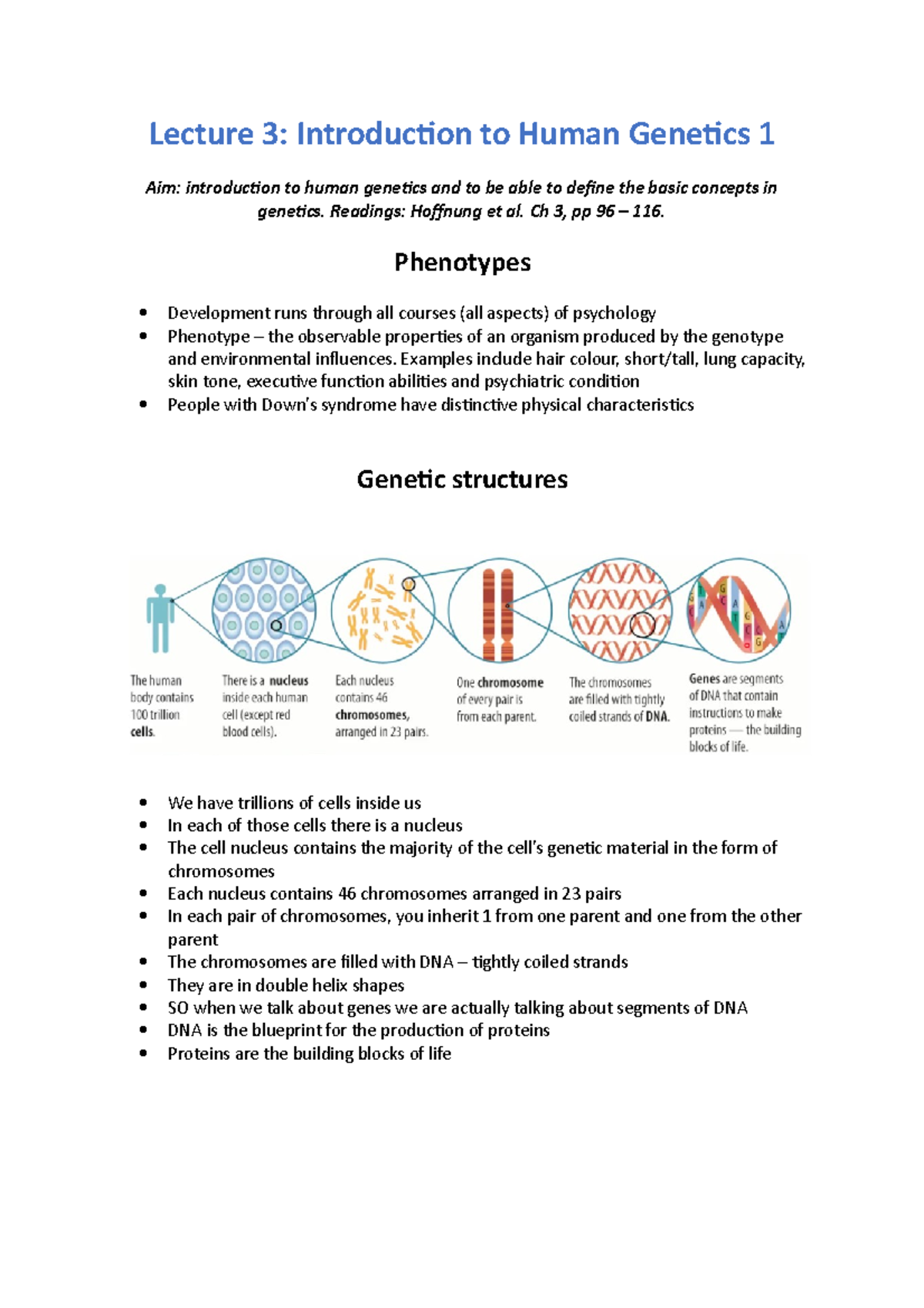 PSYC2008 Notes - Lecture 3: Introduction to Human Genetics 1 Aim ...