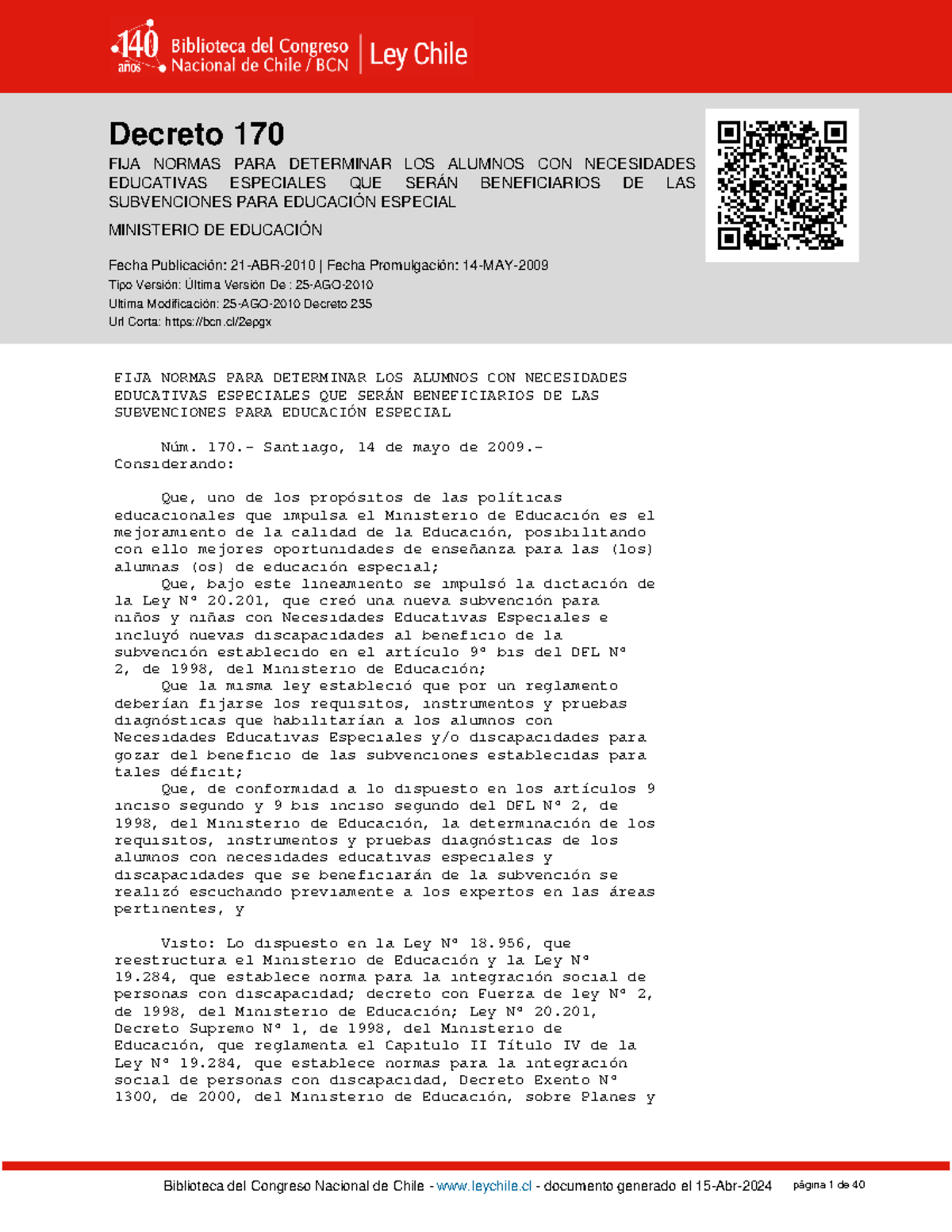 Decreto-170 21-ABR-2010 - Decreto 170 FIJA NORMAS PARA DETERMINAR LOS ALUMNOS CON NECESIDADES ...