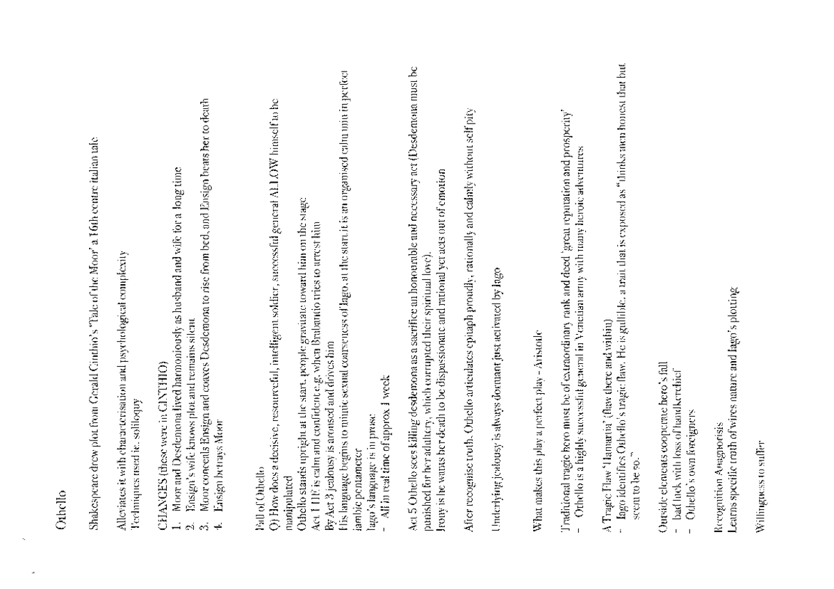 Othello Class Notes 3pg - Othello Shakespeare drew plot from Gerald of ...