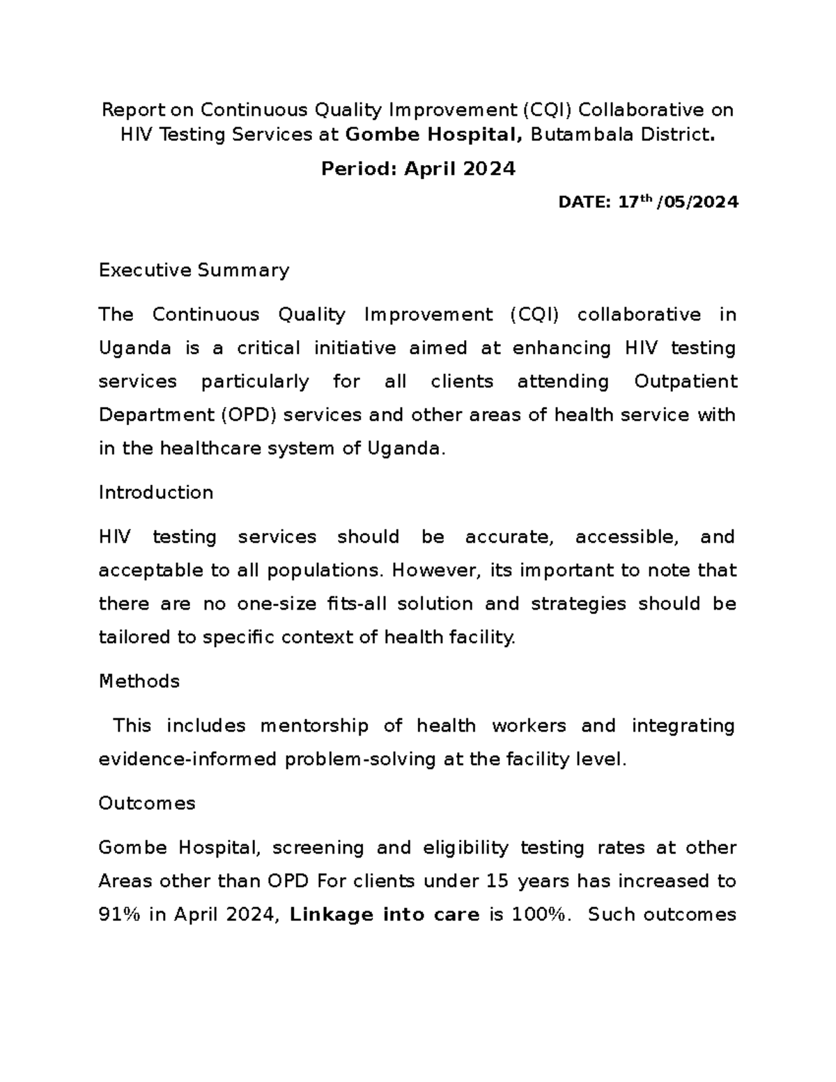 Report CQI Gombe - hiv ressurces - Report on Continuous Quality Improvement (CQI) Collaborative ...