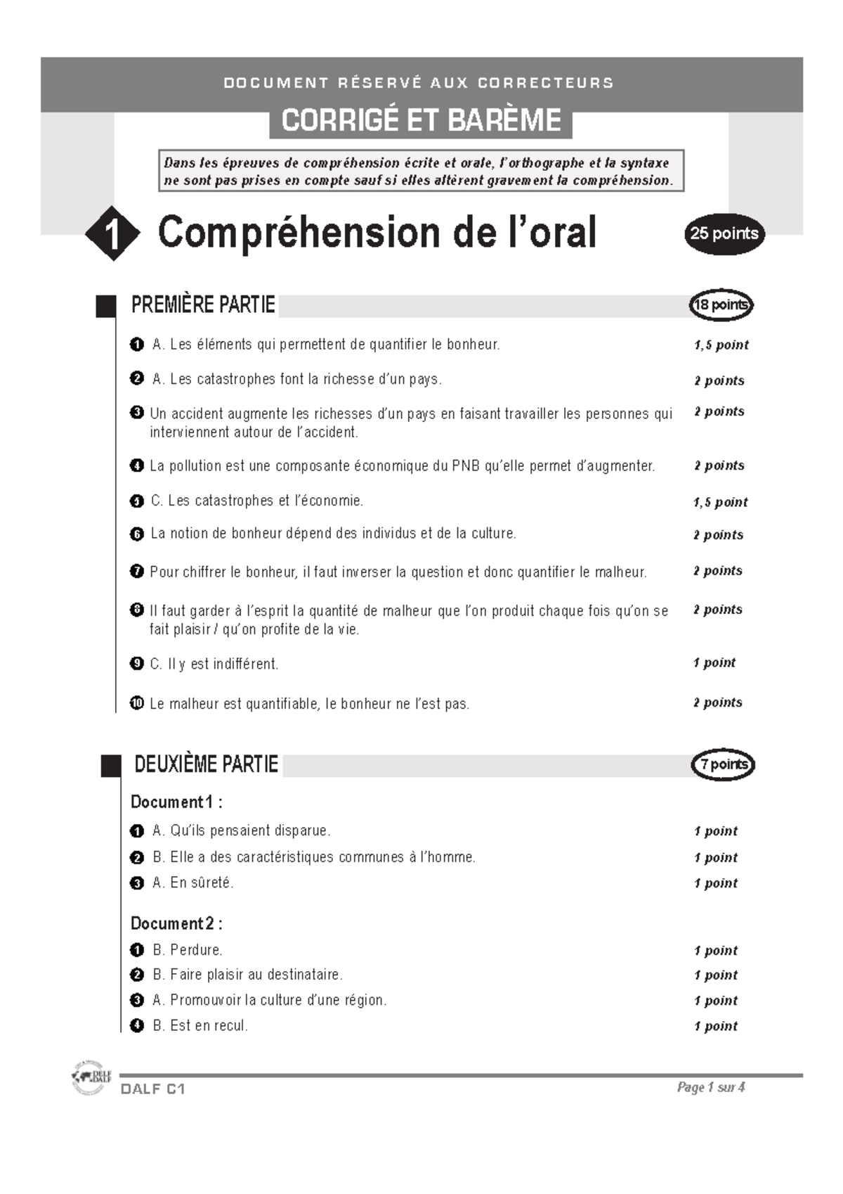 Corrigé CO DALF C1 - Corrección y respuestas de examen - Compréhension de l’oral 25 points D O C ...