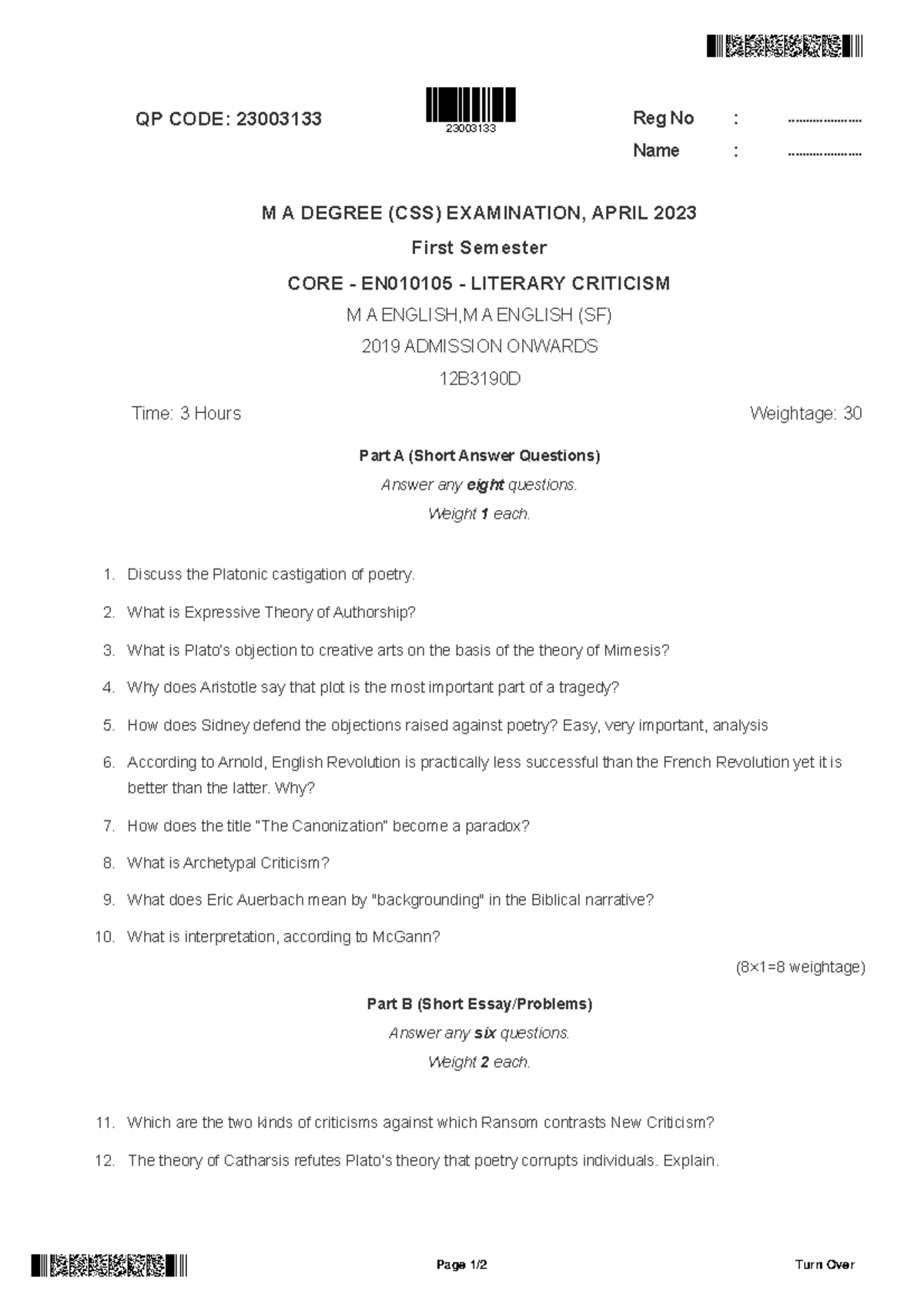 23003133 - Question paper - QP CODE: 23003133 Reg No : ..................... Name : - Studocu