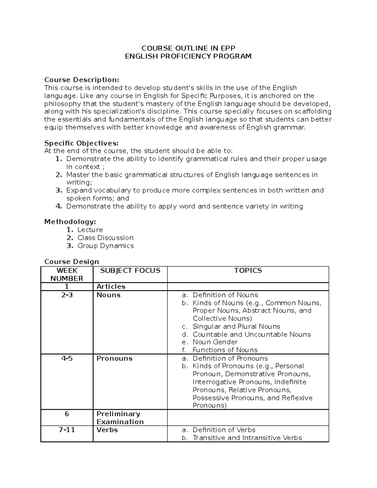 EPP CO - Course Outline - COURSE OUTLINE IN EPP ENGLISH PROFICIENCY ...