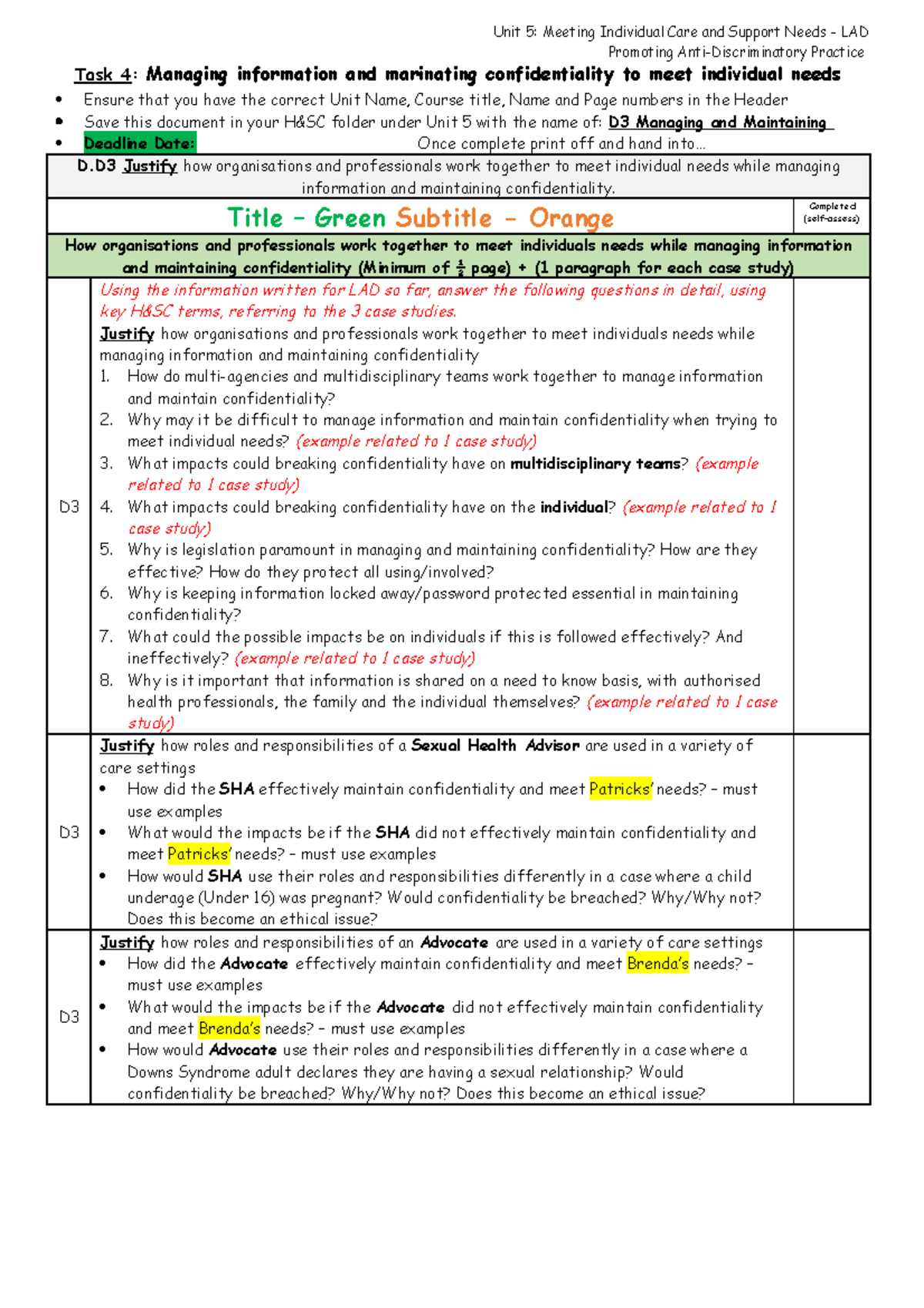 Unit 5 LAD Task 4 Checklist - Unit 5: Meeting Individual Care and ...