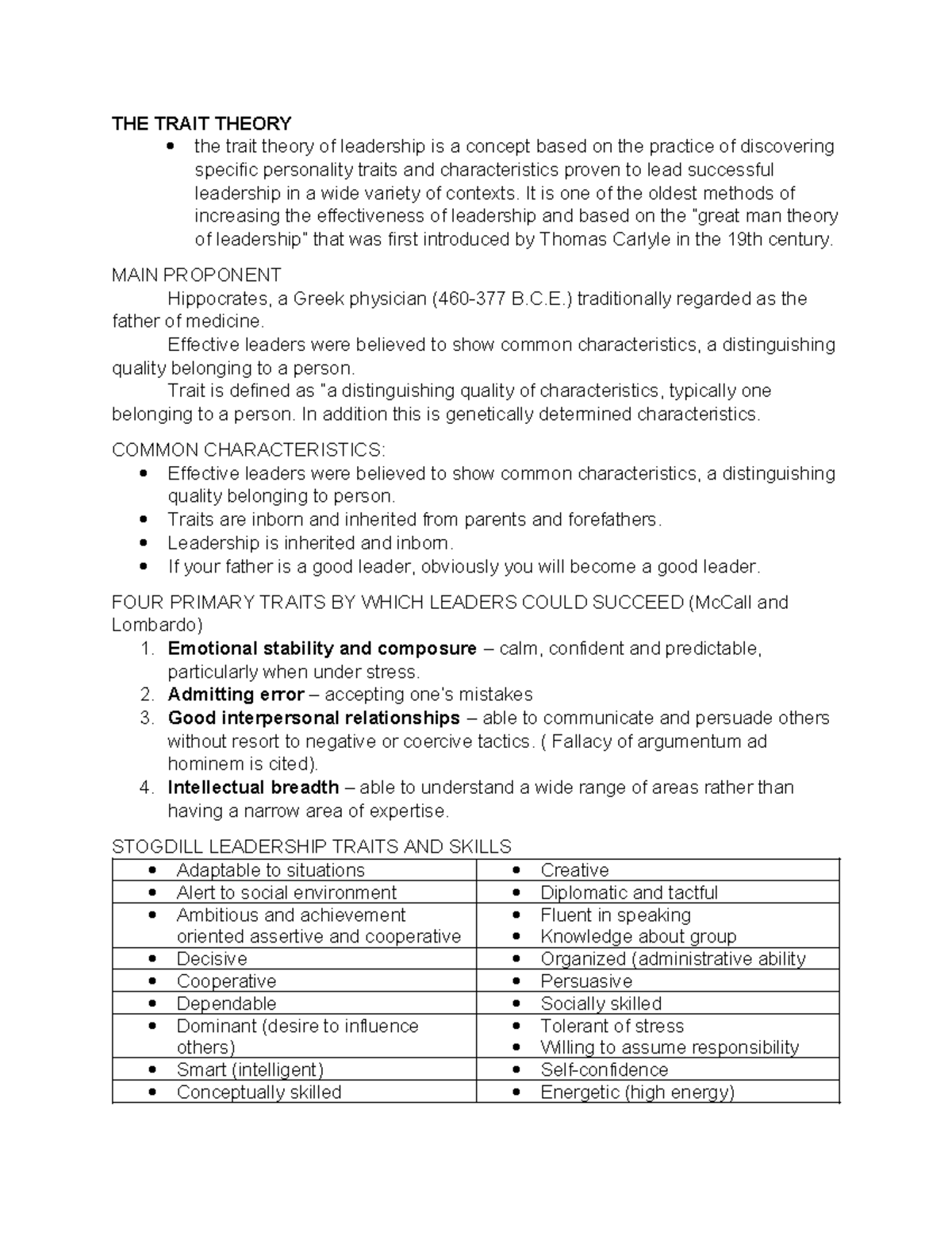 FCL - THE TRAIT THEORY the trait theory of leadership is a concept ...