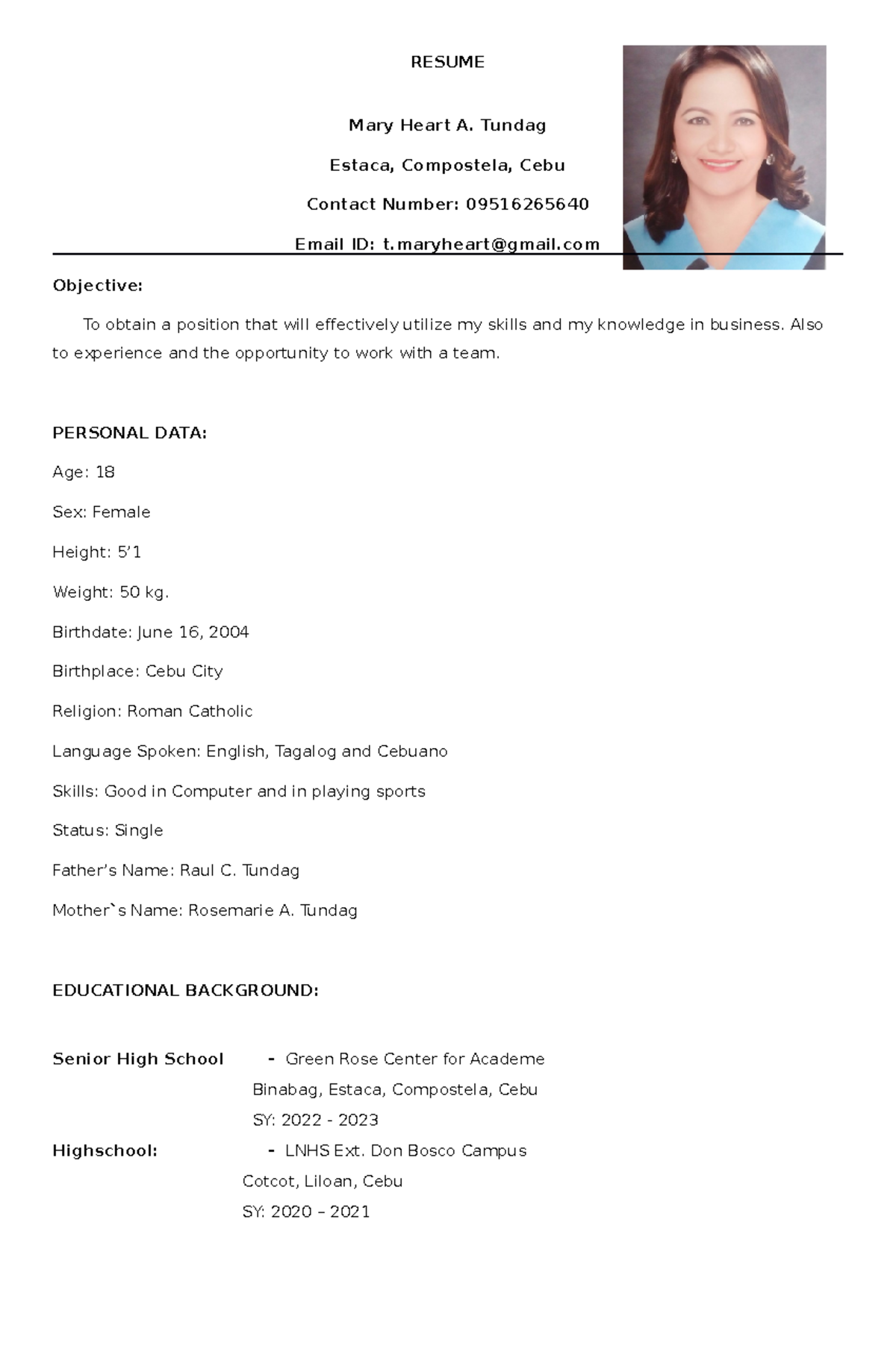 Resume-MHT - None - RESUME Mary Heart A. Tundag Estaca, Compostela ...