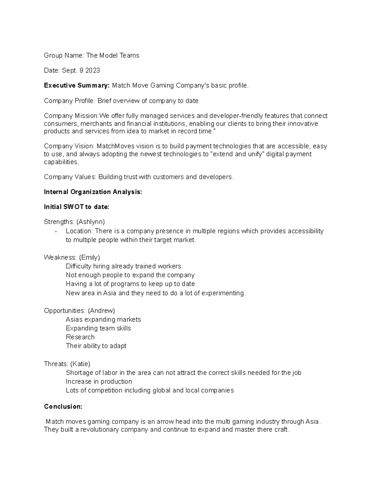 Executivee Summary - Capstone Group 9 MatchMoves Gaming Company - Group ...