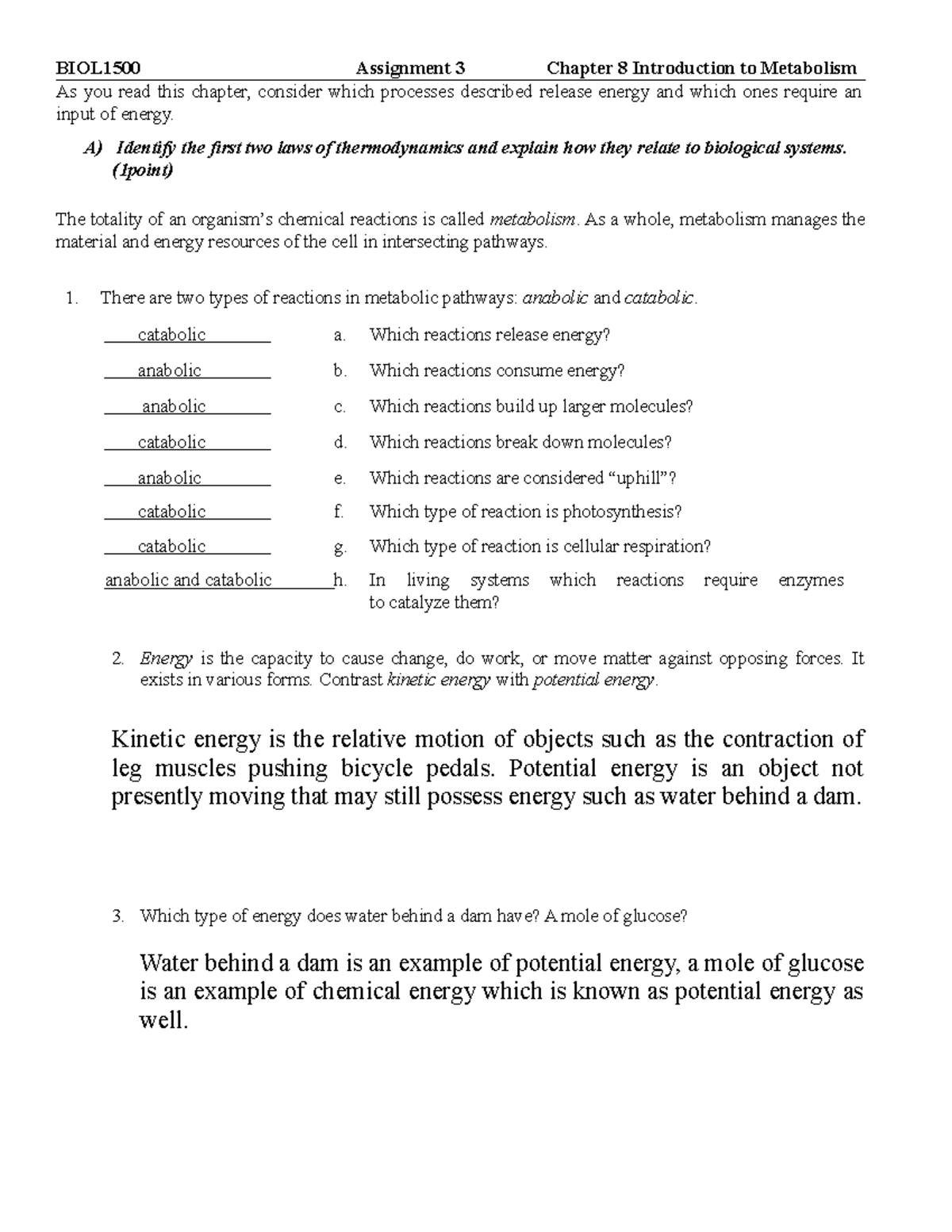 Assig 3 Chapter 8 - BIOL1500 Assignment 3 Chapter 8 Introduction to ...
