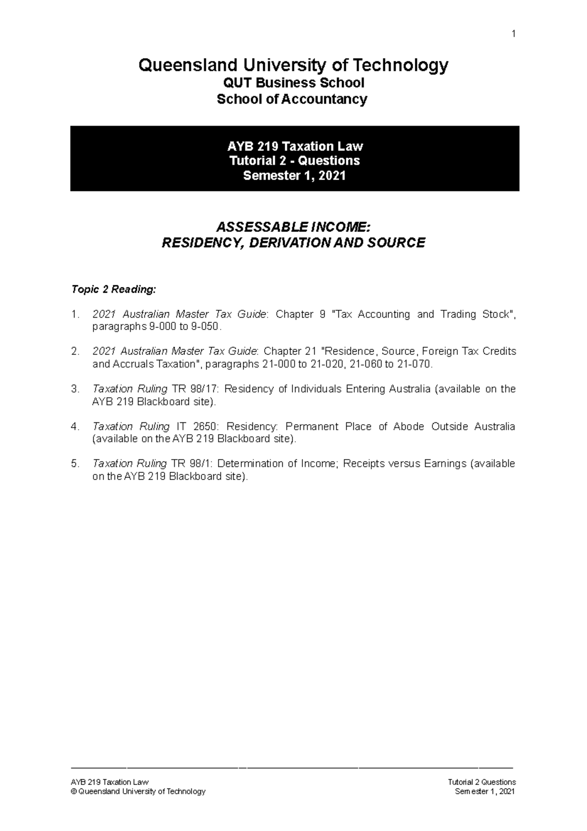 taxation law tutorial questions week 2 - Queensland University of ...