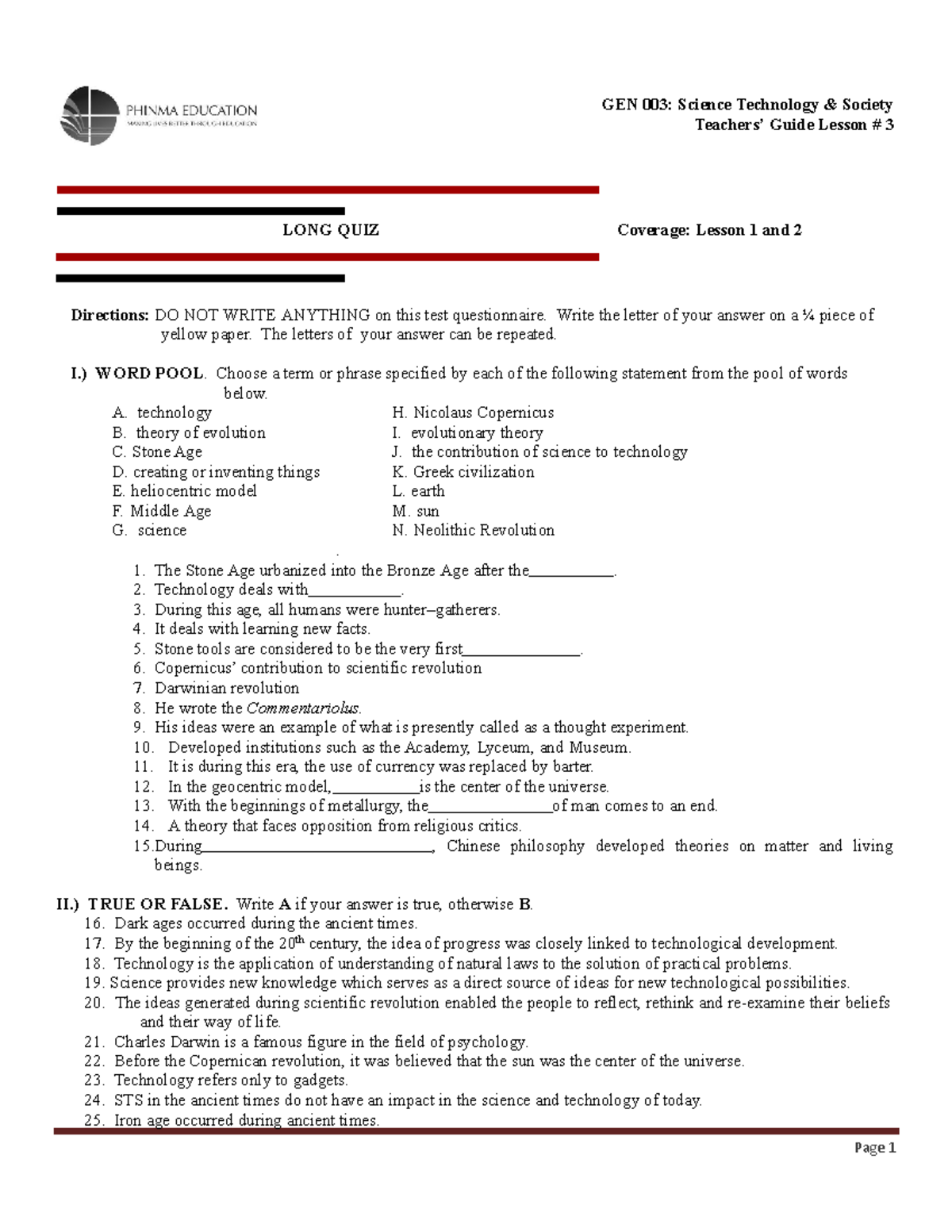 Day 5 Lesson 3 STS Long Quiz - GEN 003: Science Technology & Society ...