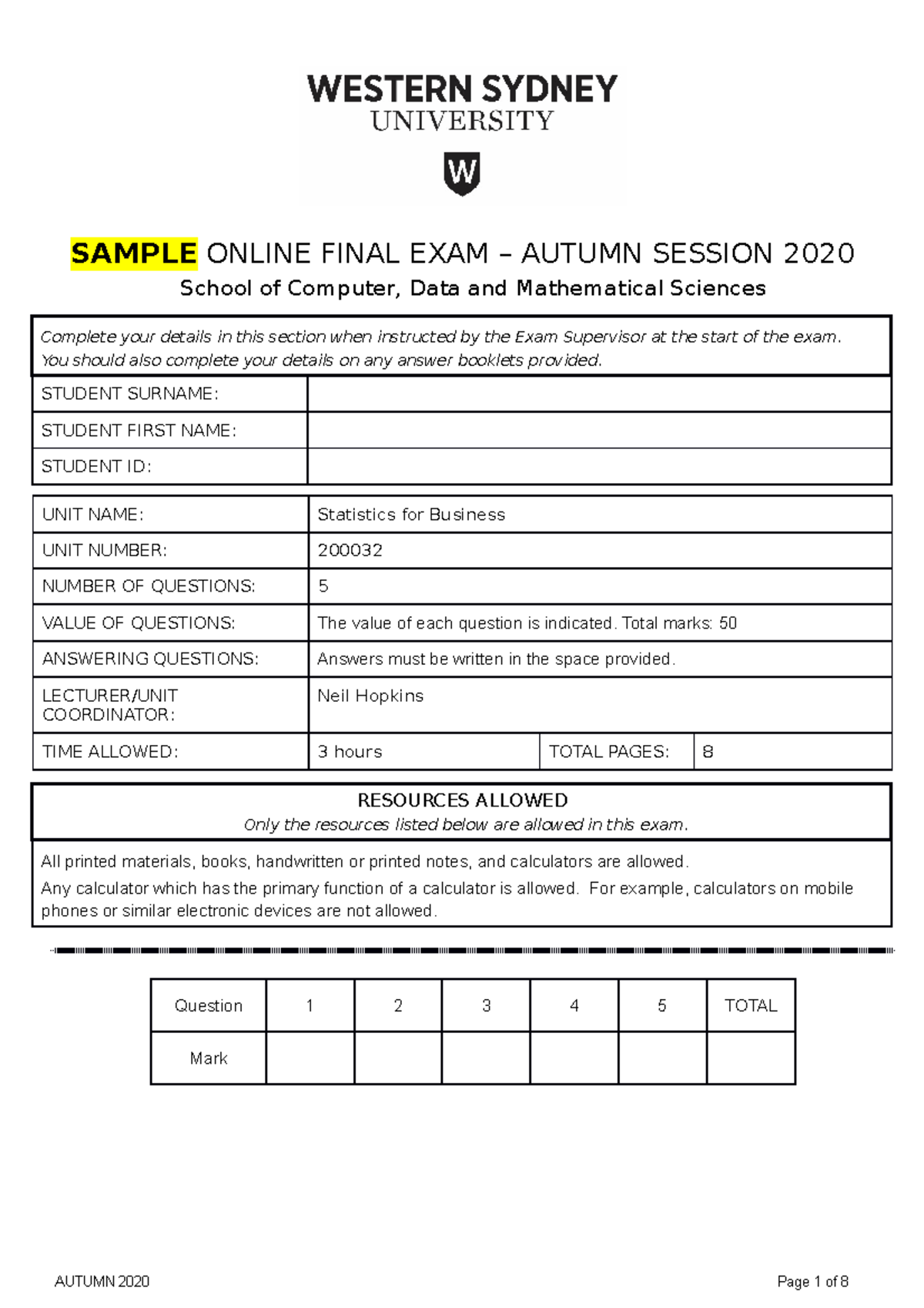 2000 32 Statistics for Business - Sample Online Exam - AUT 20 - SAMPLE ...