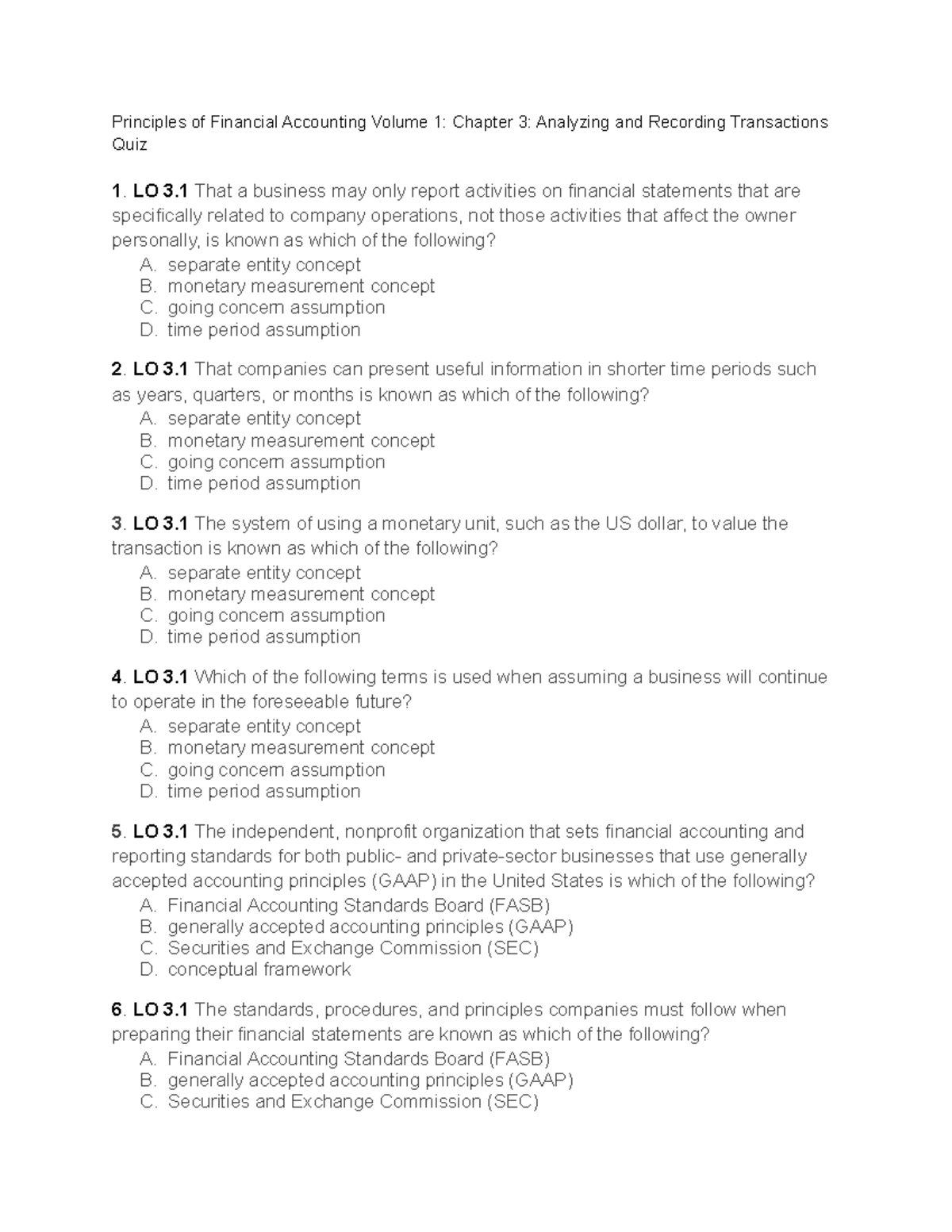 Principles of Financial Accounting Volume 1 Chapter 3 Analyzing and Recording Transactions Quiz ...