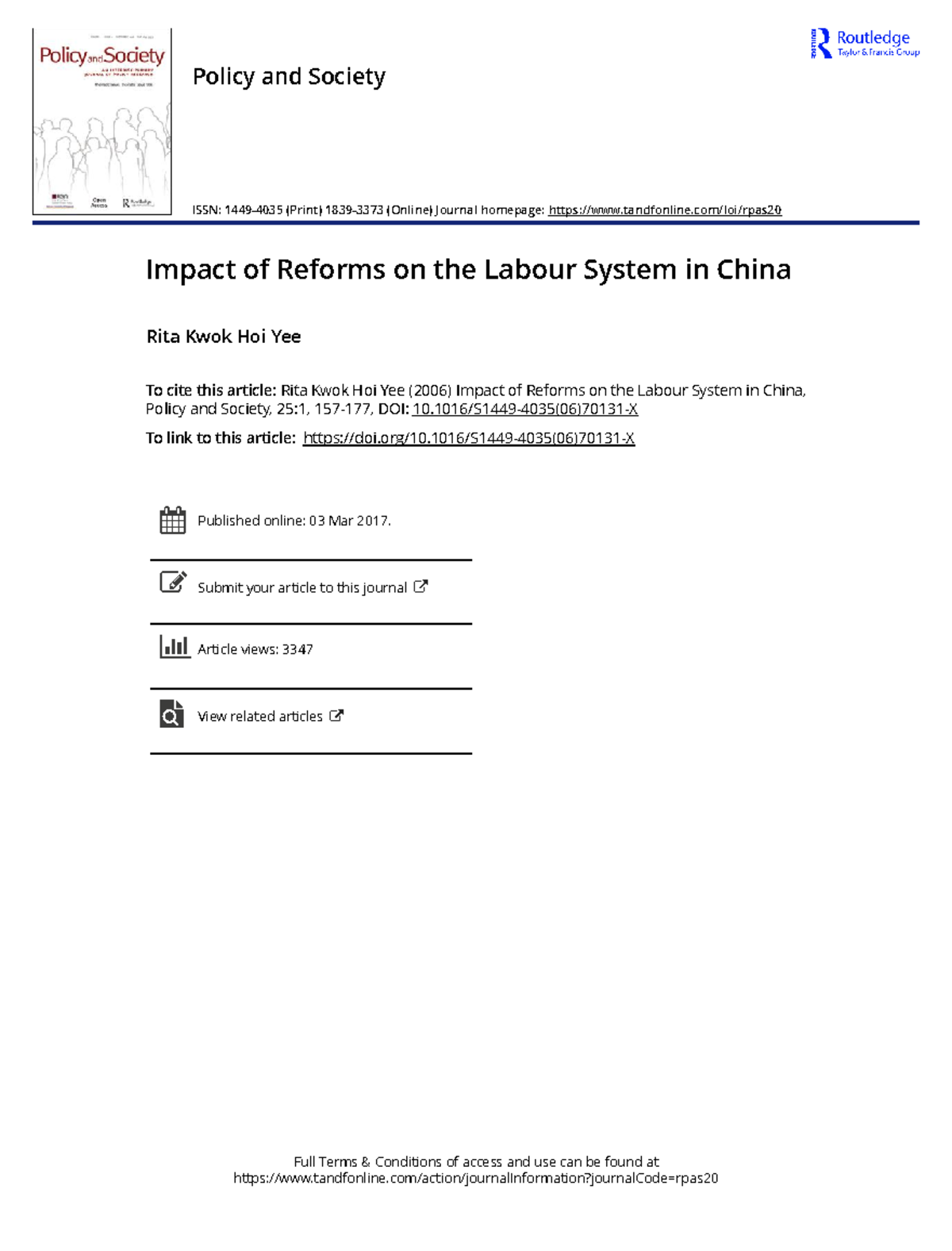 Impact of Reforms on the Labour System in China - 1016/S1449-4035(06 ...