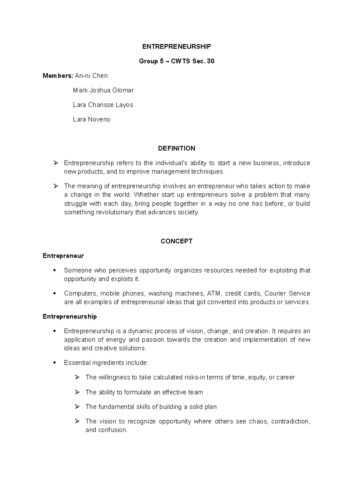 Module 7-Entrepreneurship - ENTREPRENEURSHIP Group 5 – CWTS Sec. 30 ...