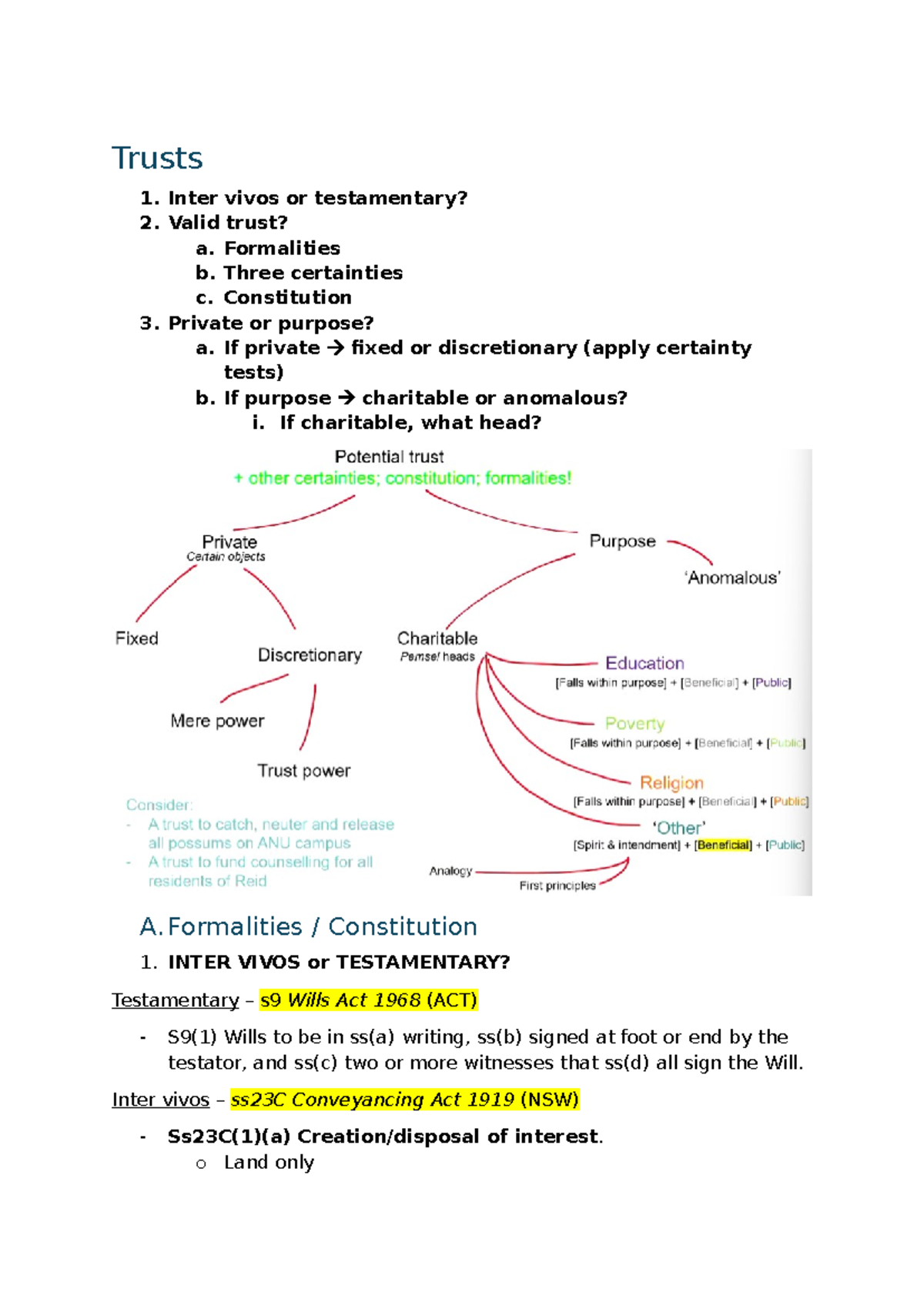 W1-5 Summary Notes - Trusts Inter vivos or testamentary? Valid trust? a ...