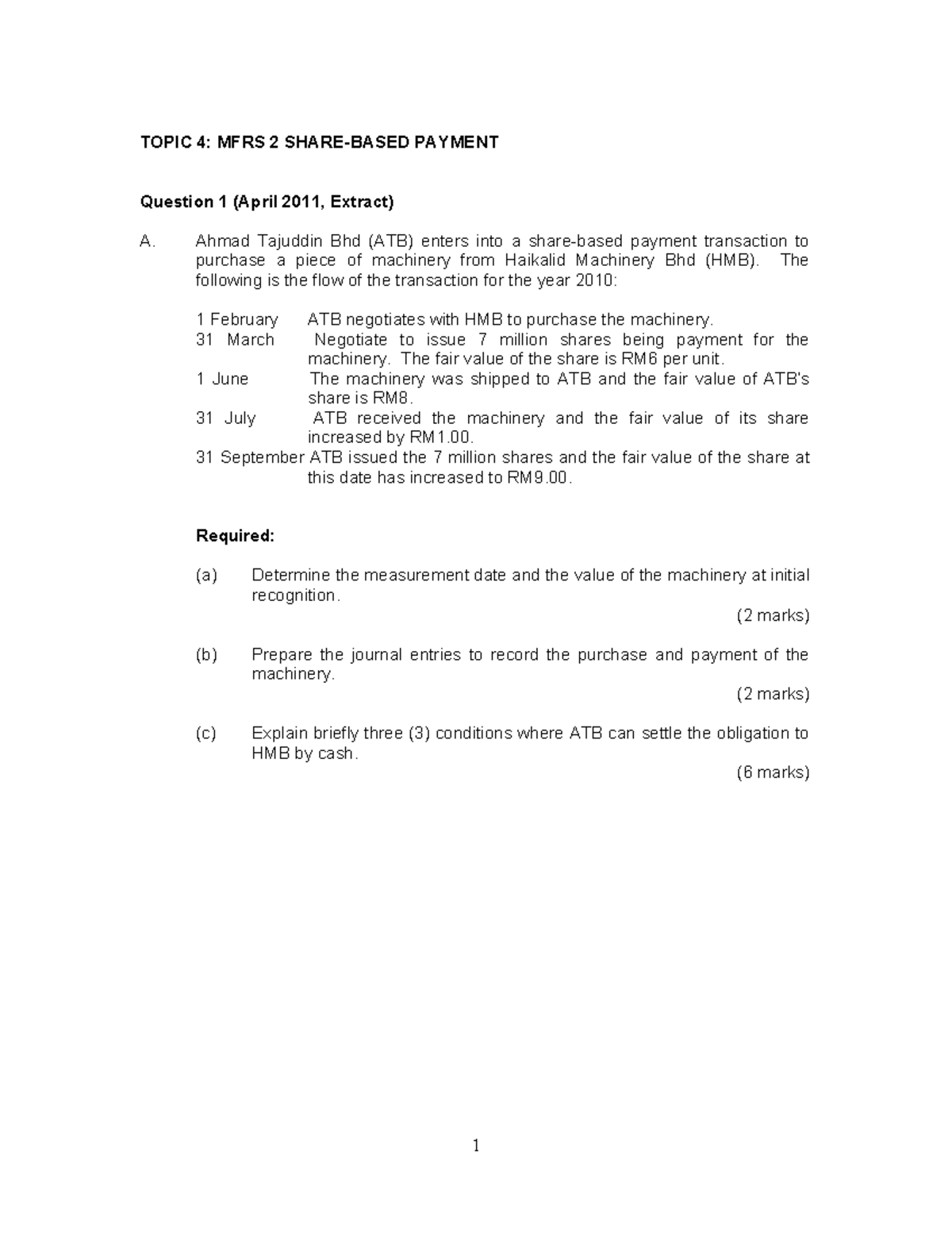 Exam 17 October 2015, questions - TOPIC 4: MFRS 2 SHARE-BASED PAYMENT ...