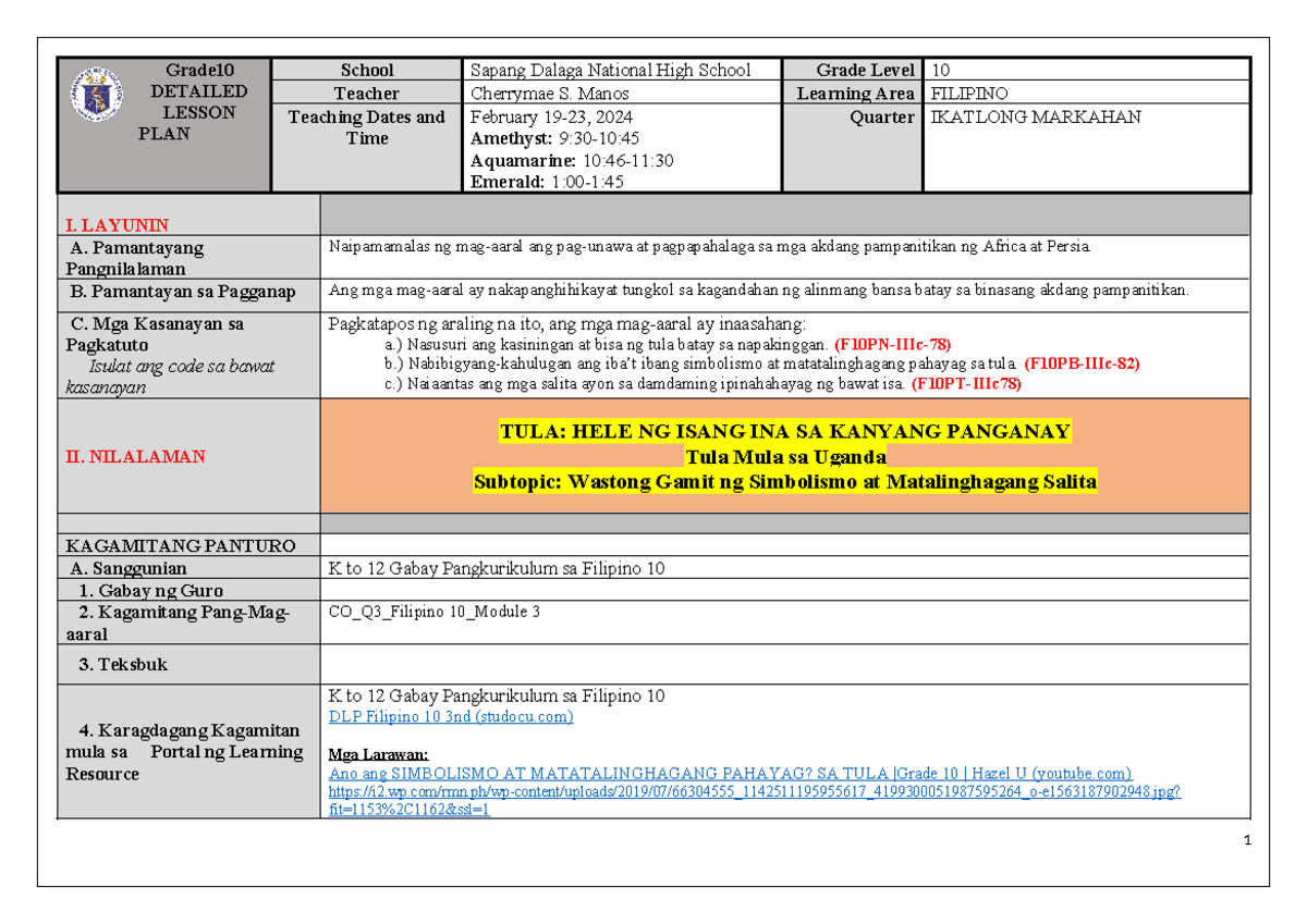 FIL10 Q3W3-TULA matatalinghagang salita simbolismo - Grade DETAILED ...
