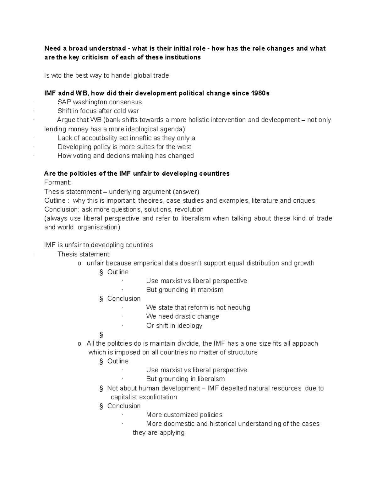 International Organizations WTO WB IMF Summary notes - Need a broad ...