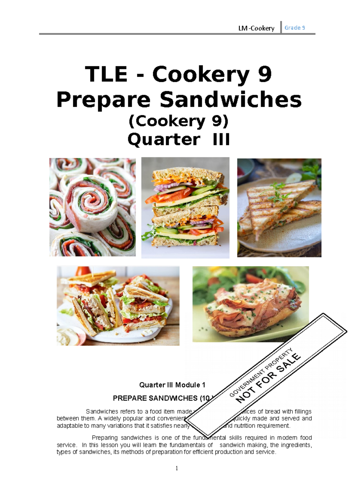 497772012 Cookery 9 Quarter 3 - Quarter III Module 1 PREPARE SANDWICHES ...