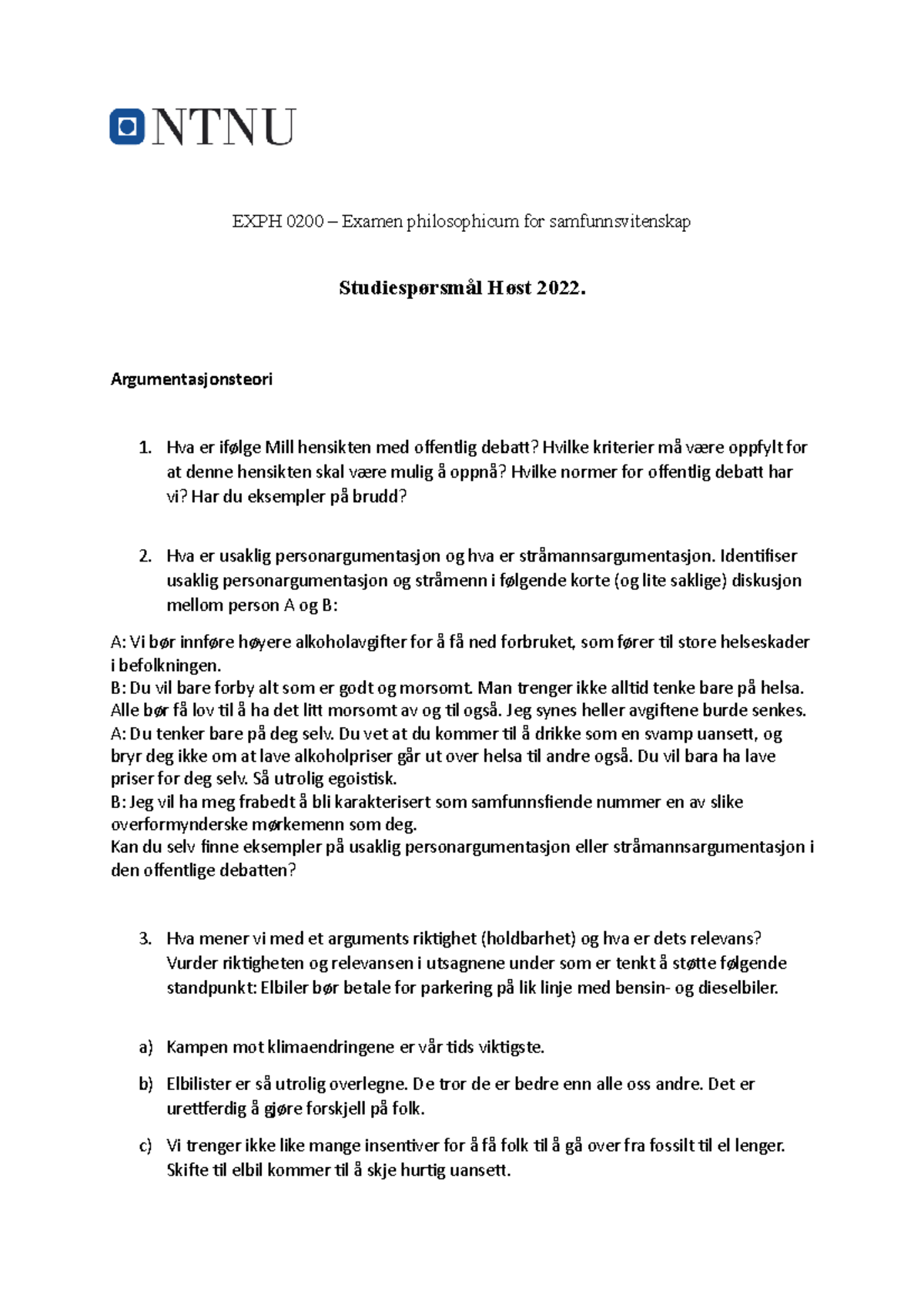 Studiespørsmål EXPH0200 - EXPH 0200 – Examen philosophicum for samfunnsvitenskap Studiespørsmål ...