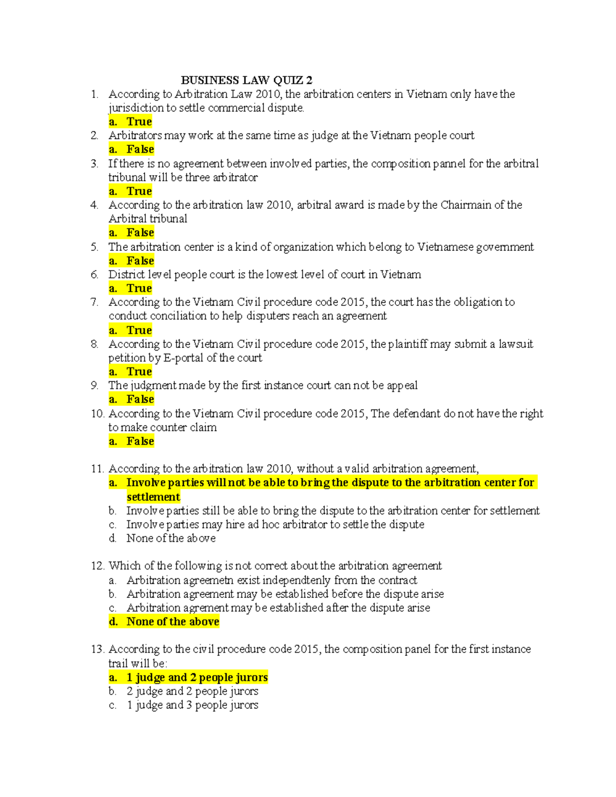 Sample Quiz2 - BLAW - BUSINESS LAW QUIZ 2 According to Arbitration Law ...