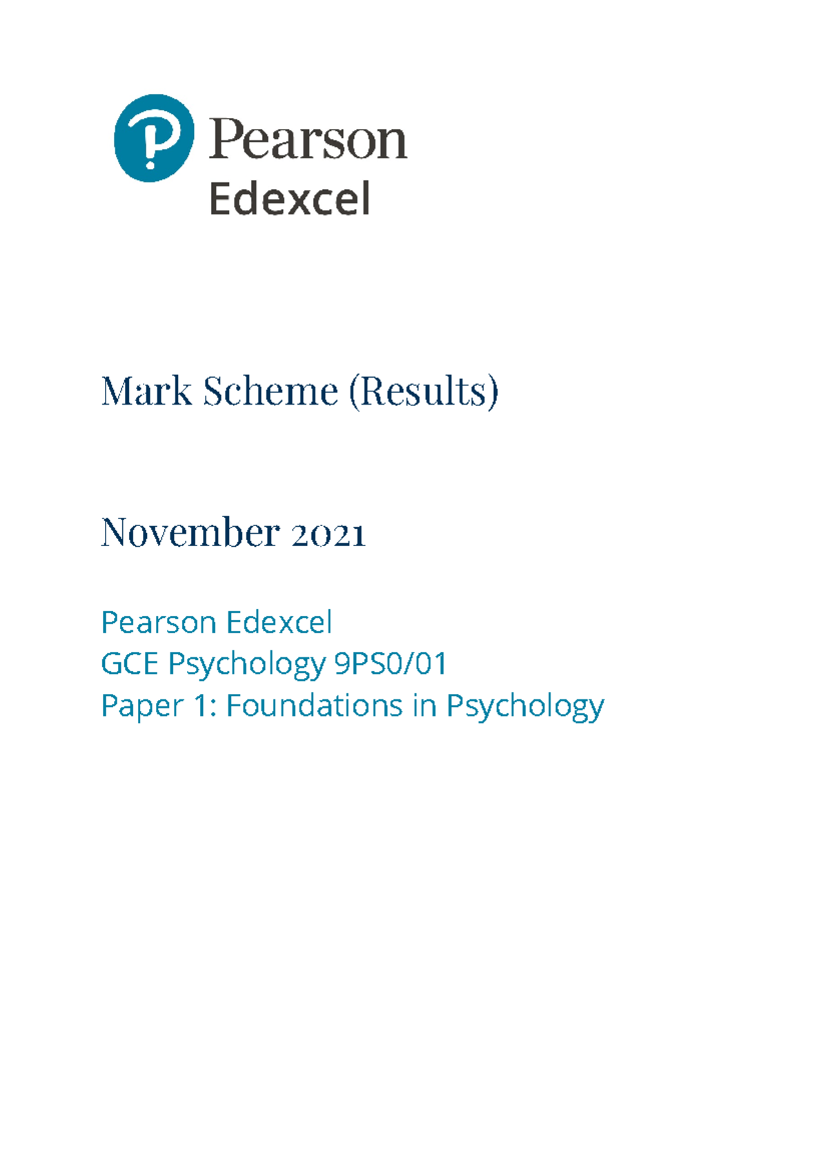 Psychology mark scheme - Mark Scheme (Results) November 2021 Pearson ...