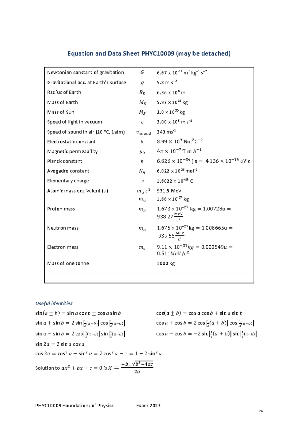 Equations Sheet Foundations - PHYC10009 Foundations of Physics Exam ...