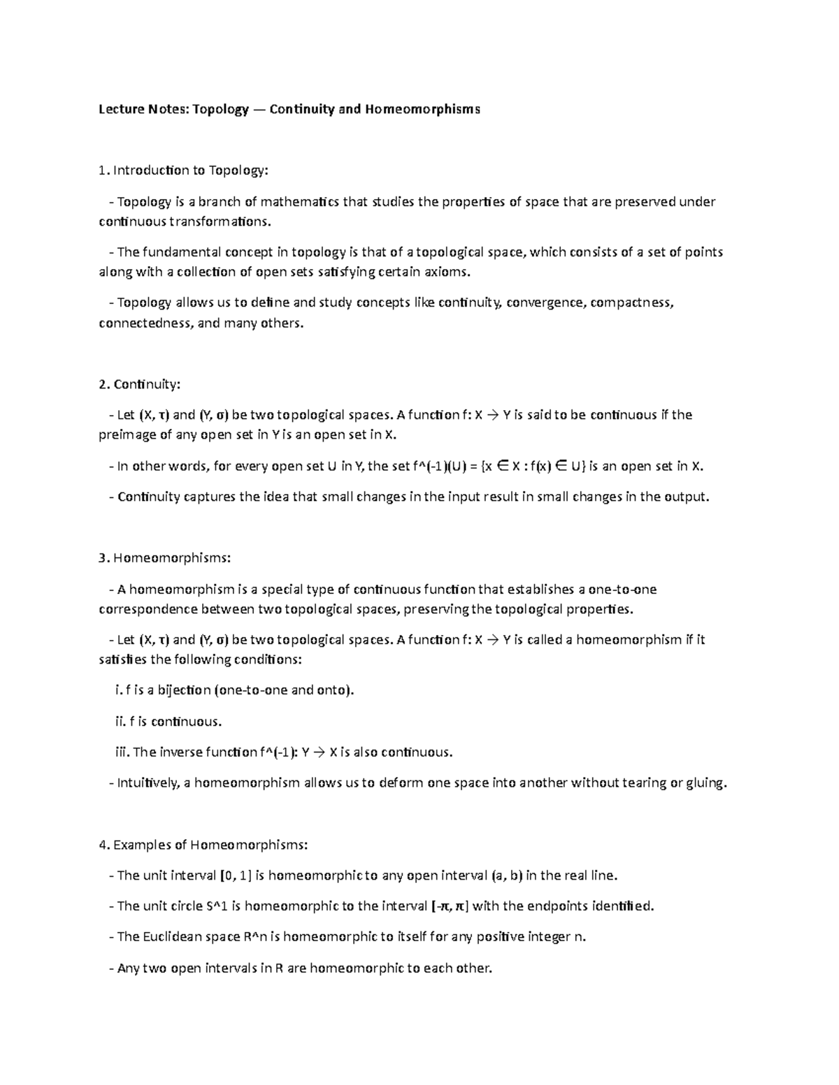 Lecture Notes Topology — Continuity And Homeomorphisms Lecture Notes 3836