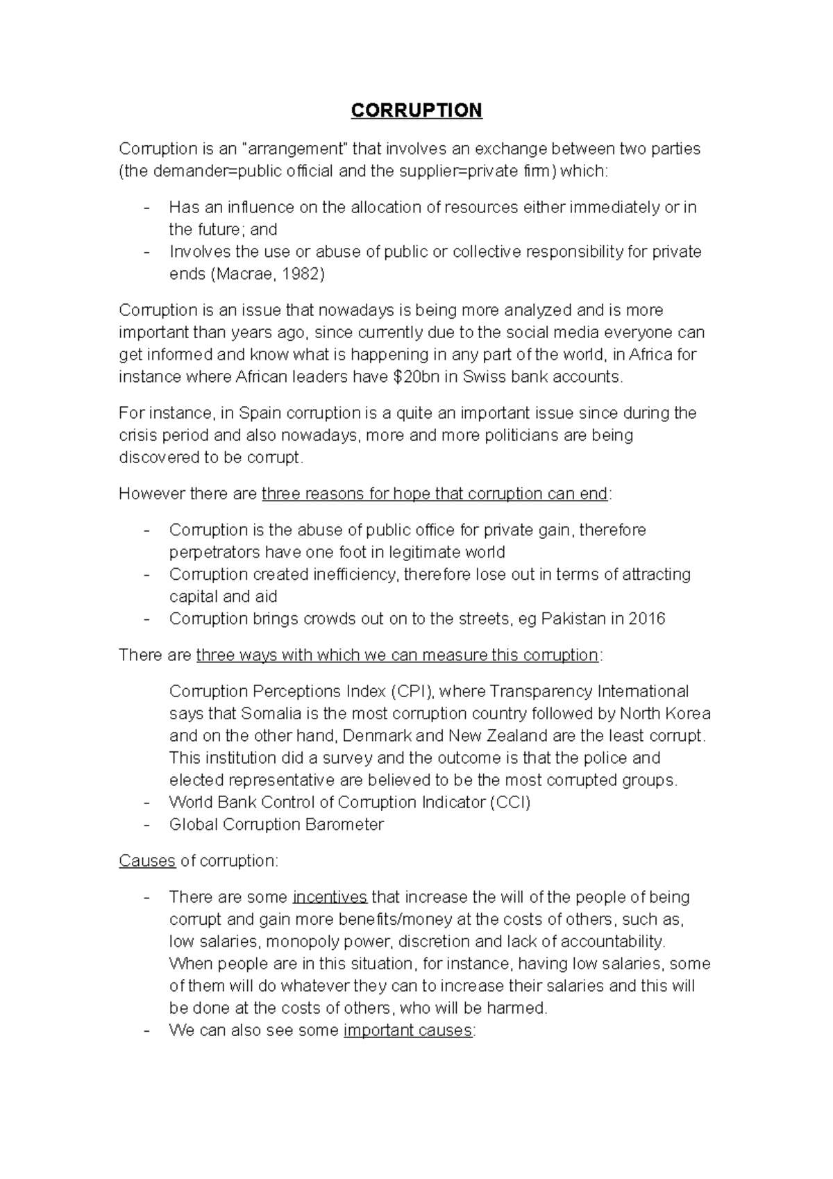 Corruption - Grade: B - CORRUPTION Corruption is an “arrangement” that ...