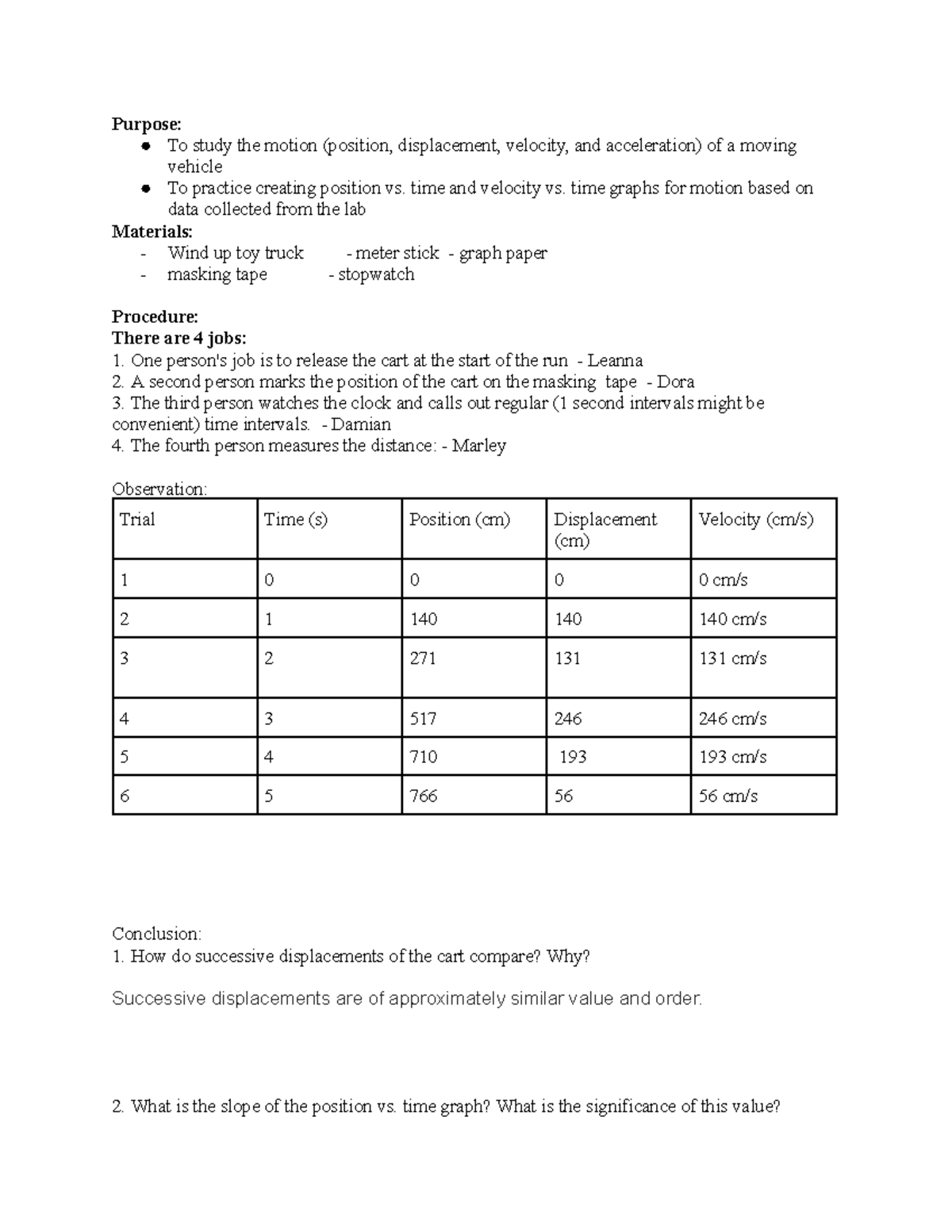 Motion of a Cart Lab group data - Purpose: To study the motion ...