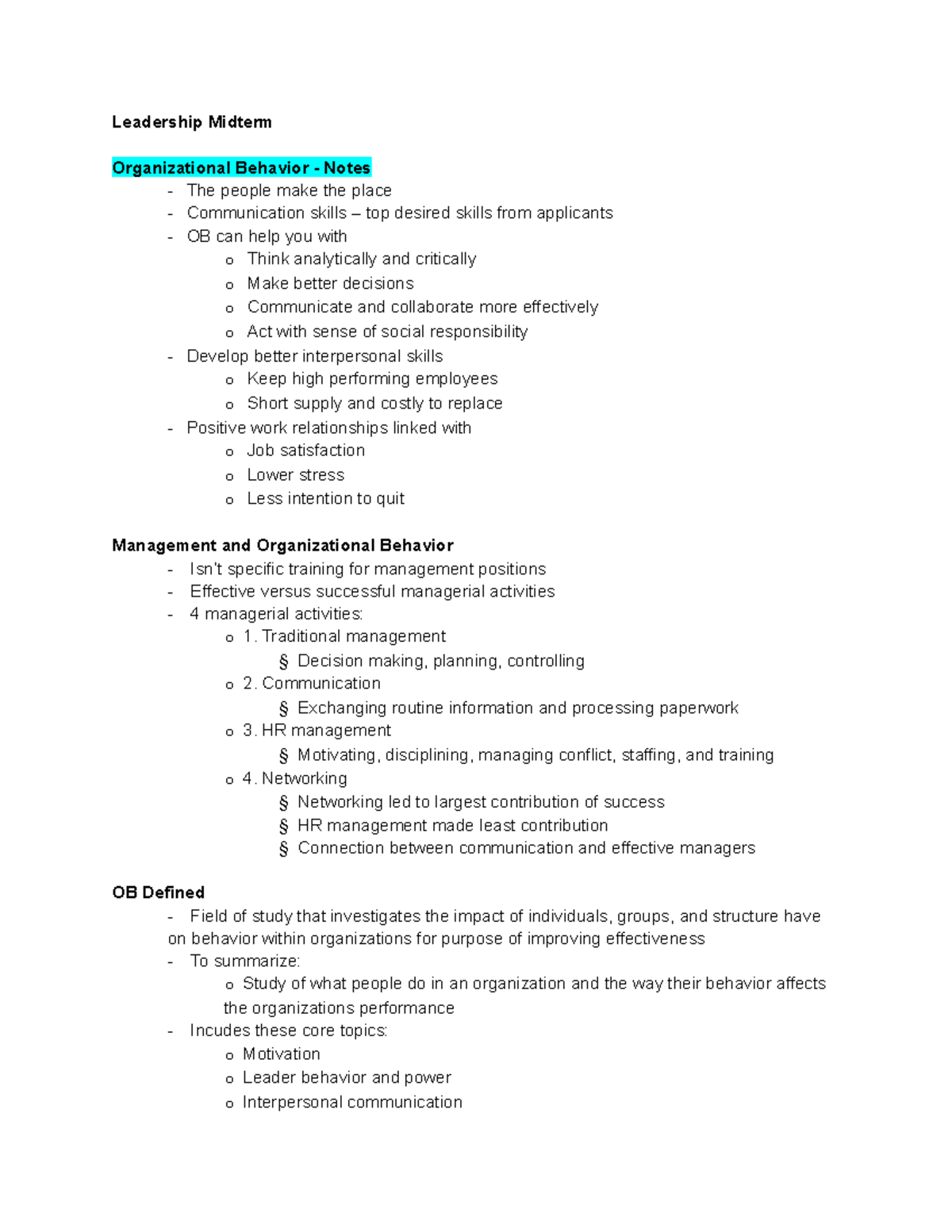 Z370 Midterm nots - Leadership Midterm Organizational Behavior - Notes ...