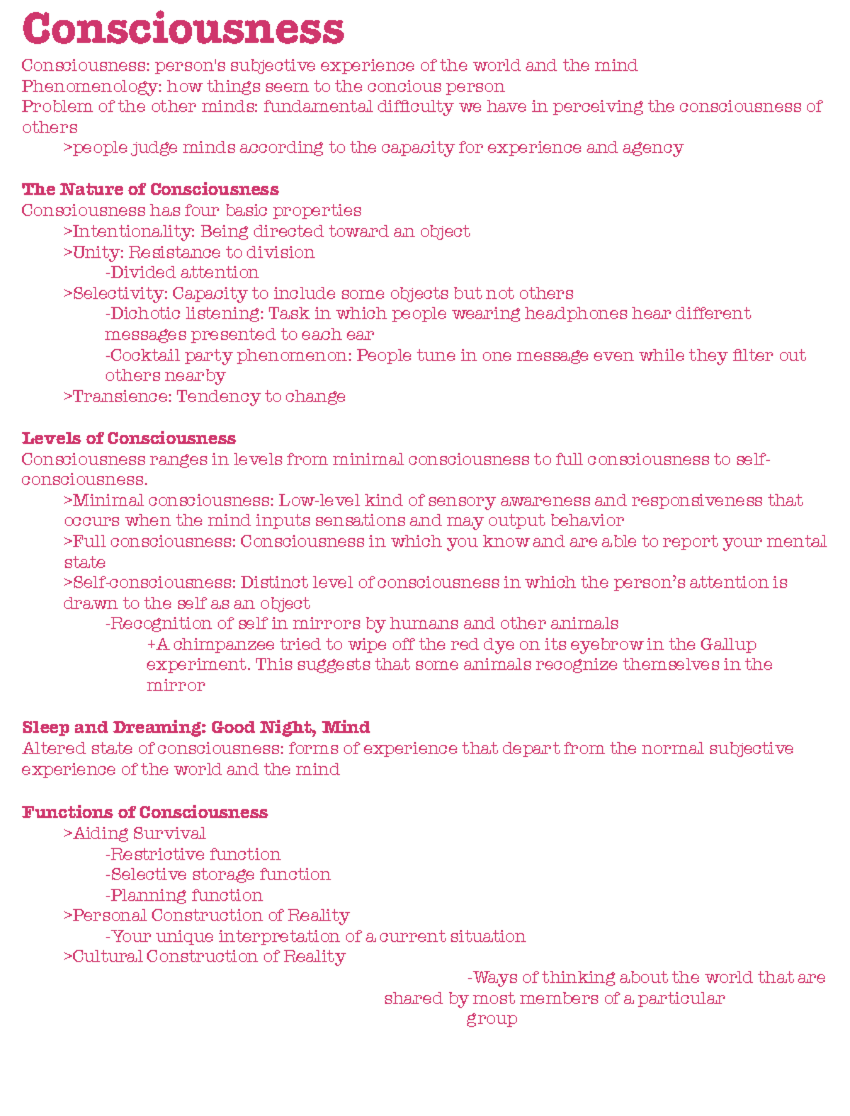 Lecture #12 (Conscious and Sleep) - Consciousness Consciousness: person ...