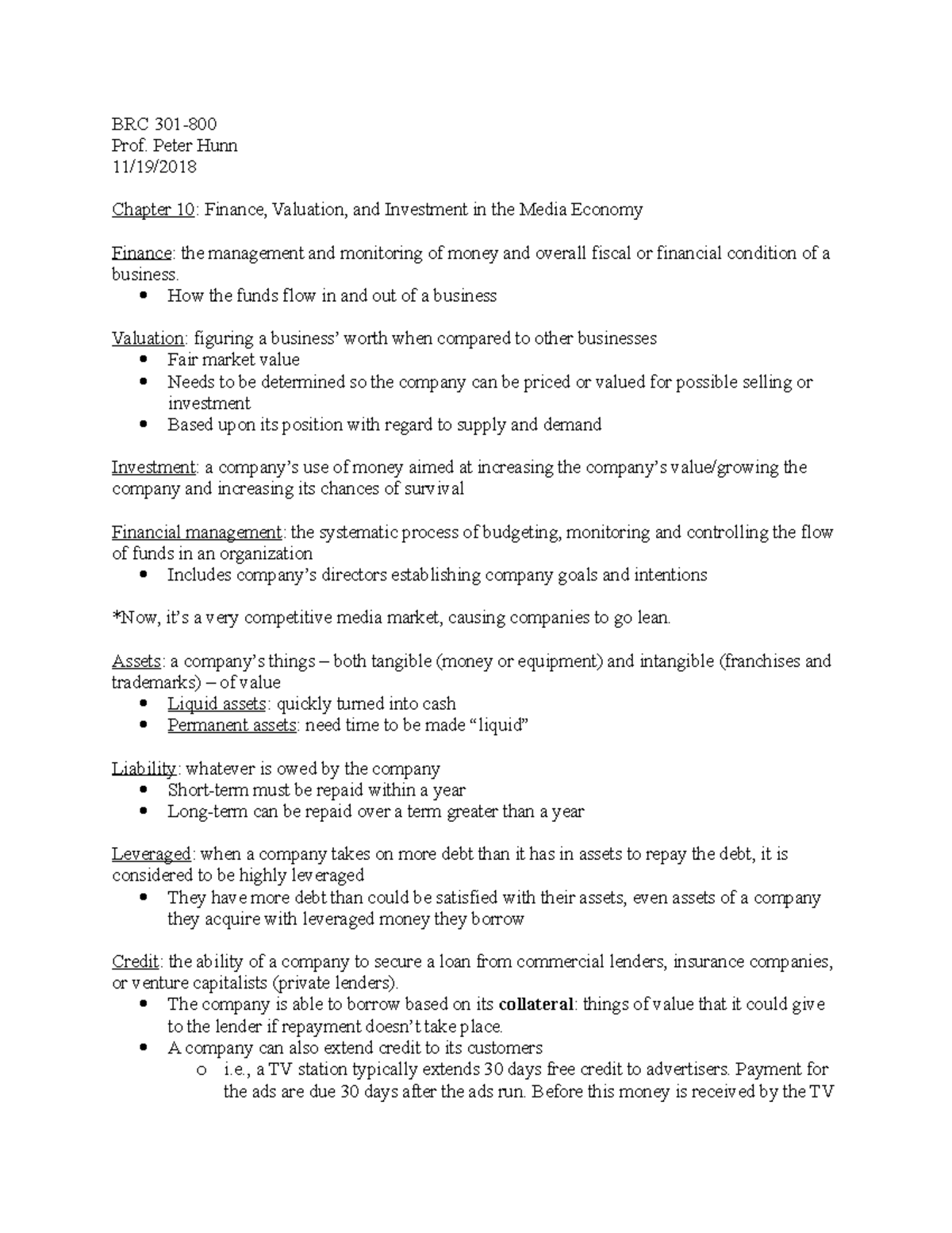 11:19:2018 - Lecture 9 notes - BRC 301- Prof. Peter Hunn 11/19/ Chapter ...