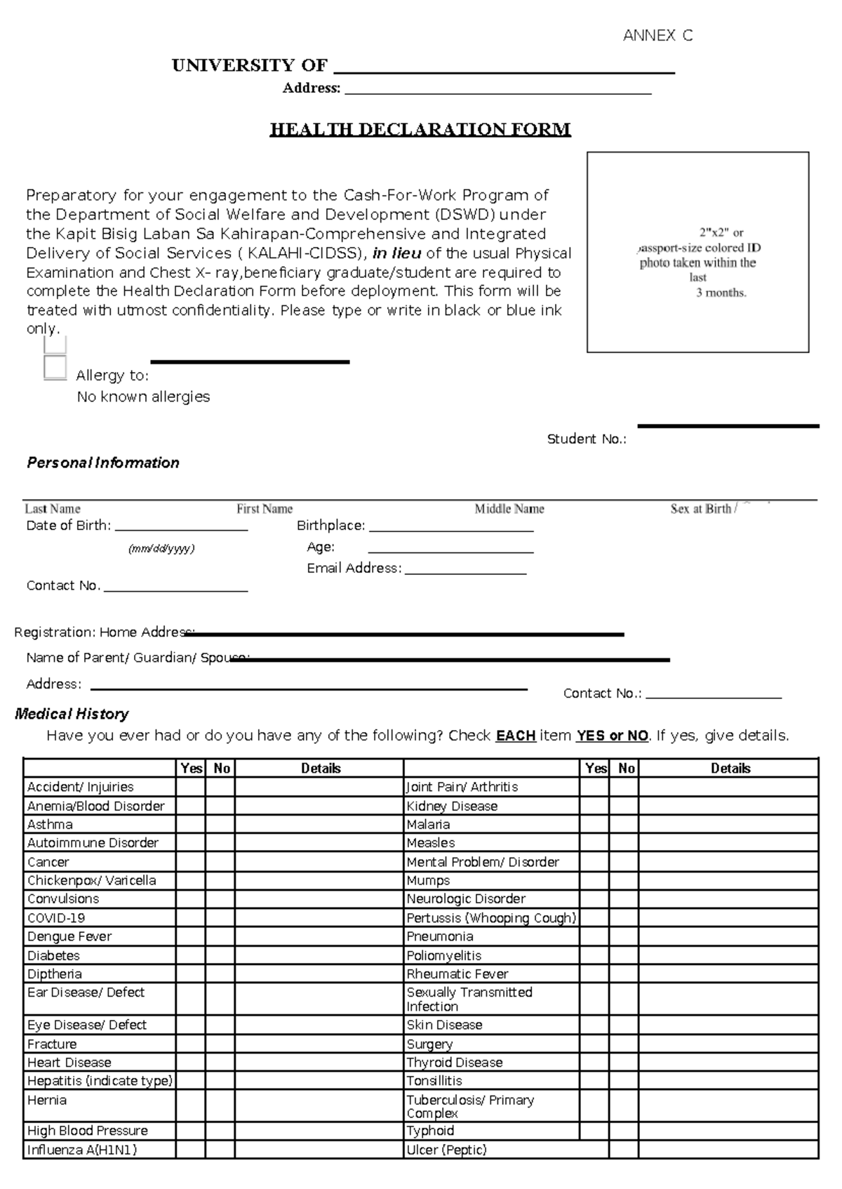 Annex C Health Declaration FORM.docx (1) - ANNEX C UNIVERSITY OF ...