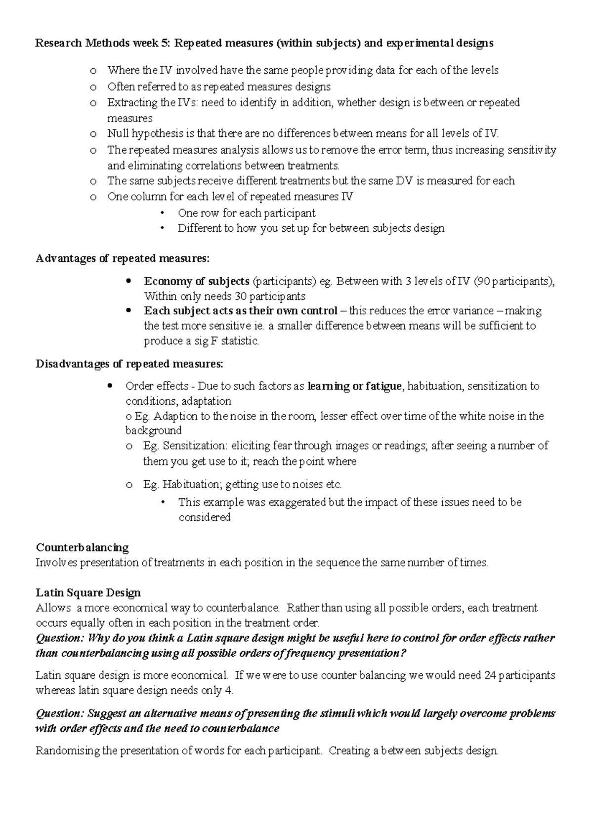 Week 5 Repeated Measures Experimental Designs - Research Methods week 5 ...