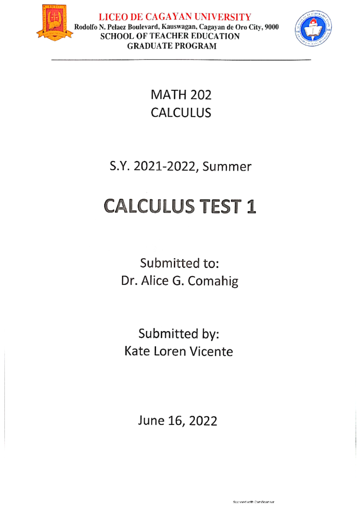 CAL TEST 1 - Calculus Assignment - MAED major in Mathematics - Studocu