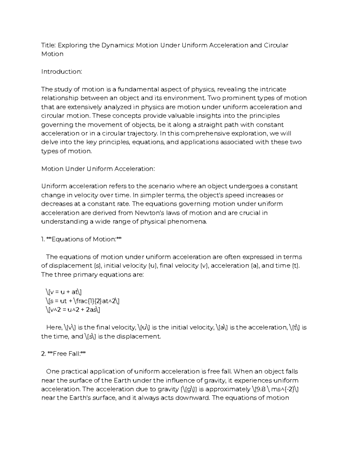 Motion under uniform acceleration and circular motion - Title: Exploring the Dynamics: Motion ...
