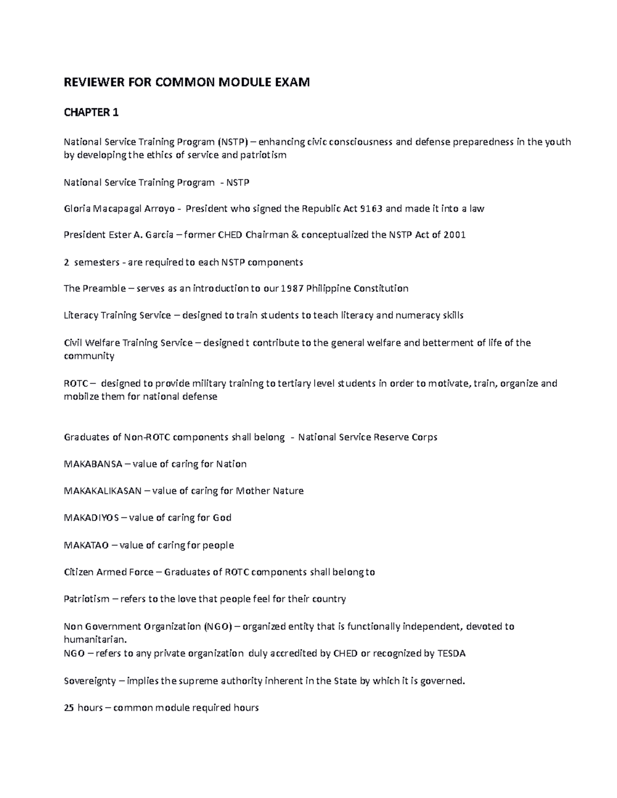 Reviewer - REVIEWER FOR COMMON MODULE EXAM CHAPTER 1 National Service ...