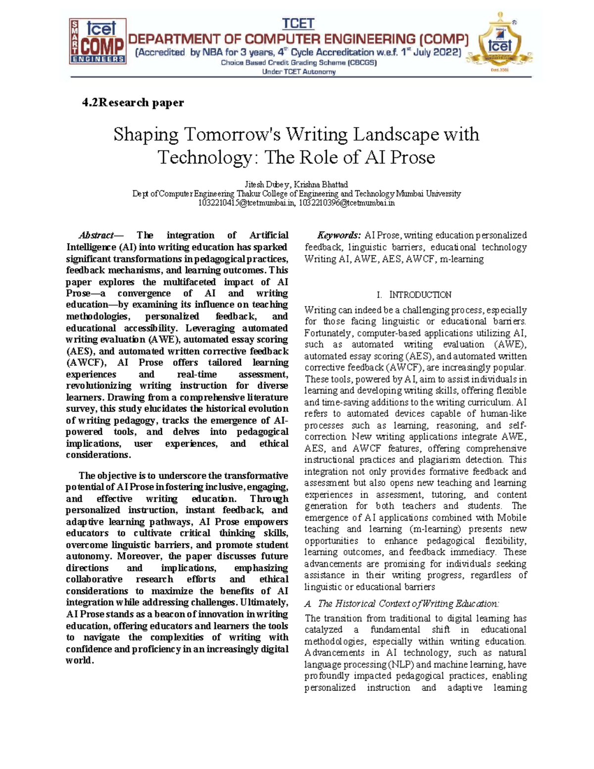 Complete Research paper - 4 Research paper Shaping Tomorrow's Writing Landscape with Technology ...