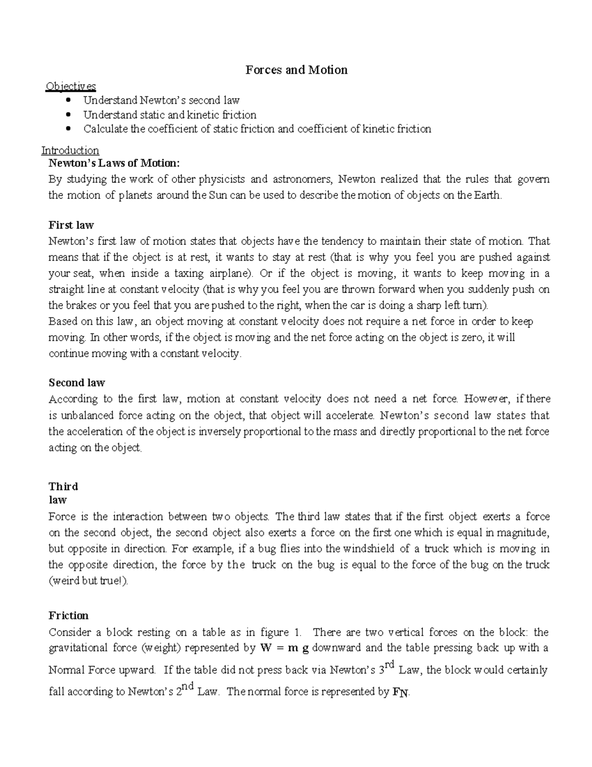 Lab 4 Forces and Motion(1) - Forces and Motion Objectives Understand ...