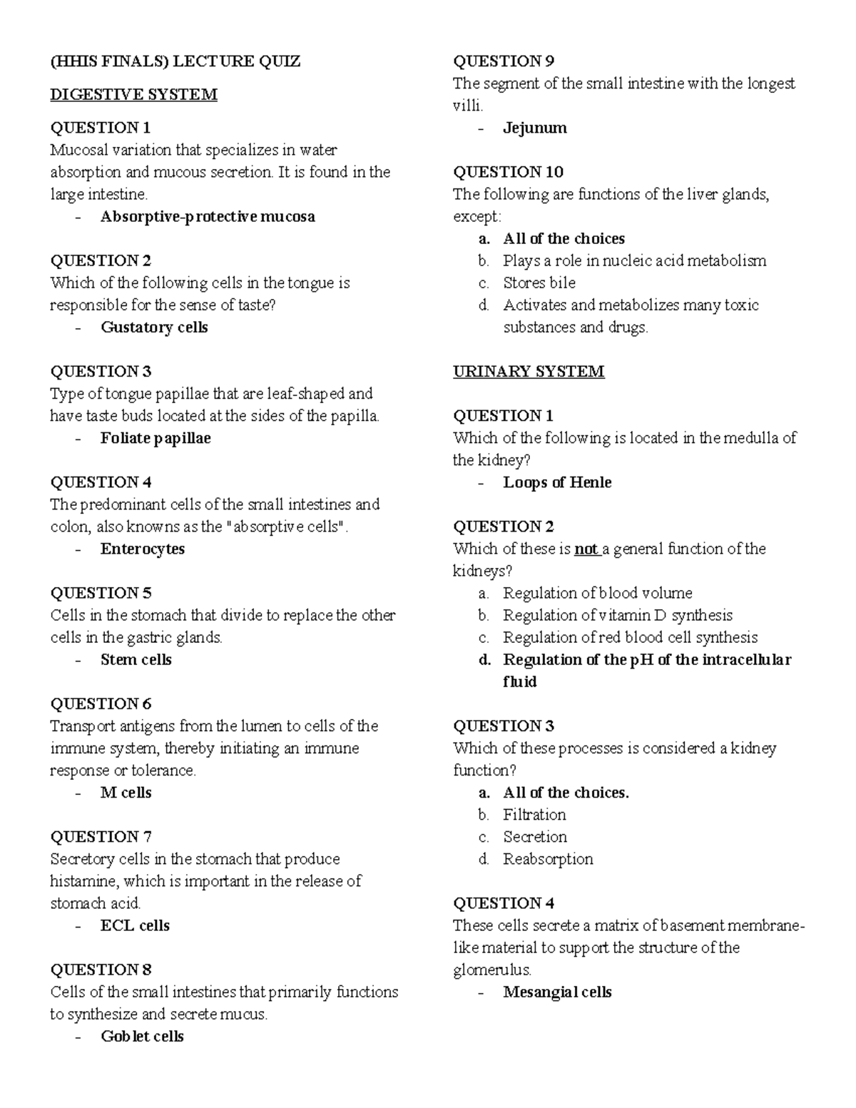 H HIS Lecture QUIZ - PRACTICE QUESTIONS - (HHIS FINALS) LECTURE QUIZ ...