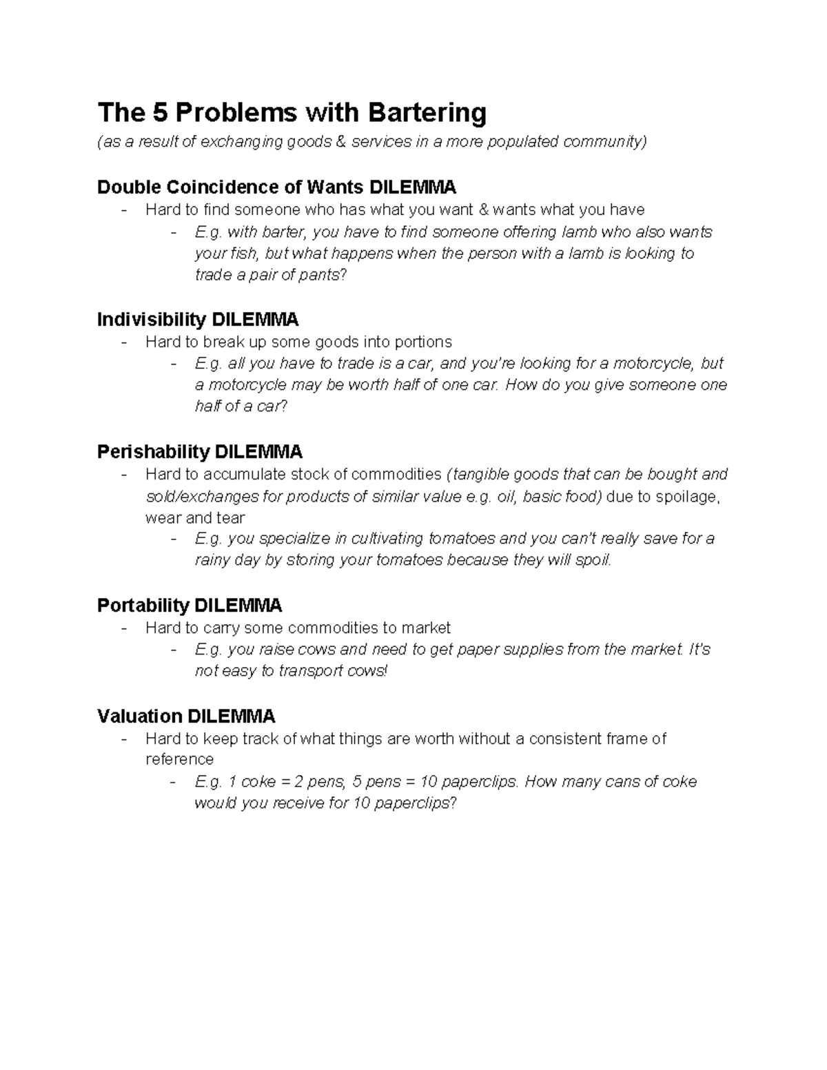 Module 1 - Bartering - The 5 Problems with Bartering (as a result of ...