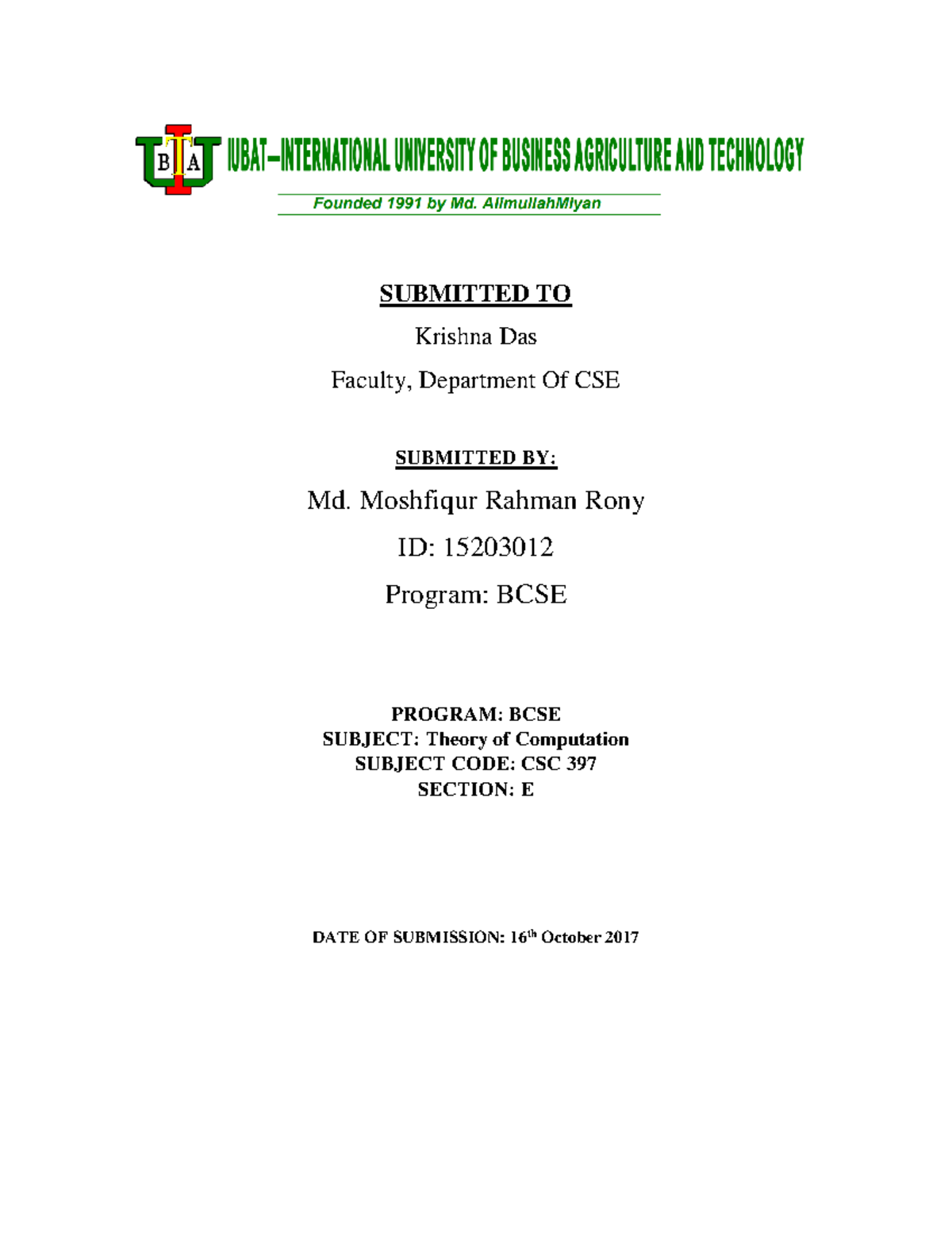 Report On Dfa Theory Of Computation Submitted To Krishna Das Faculty Department Of Cse