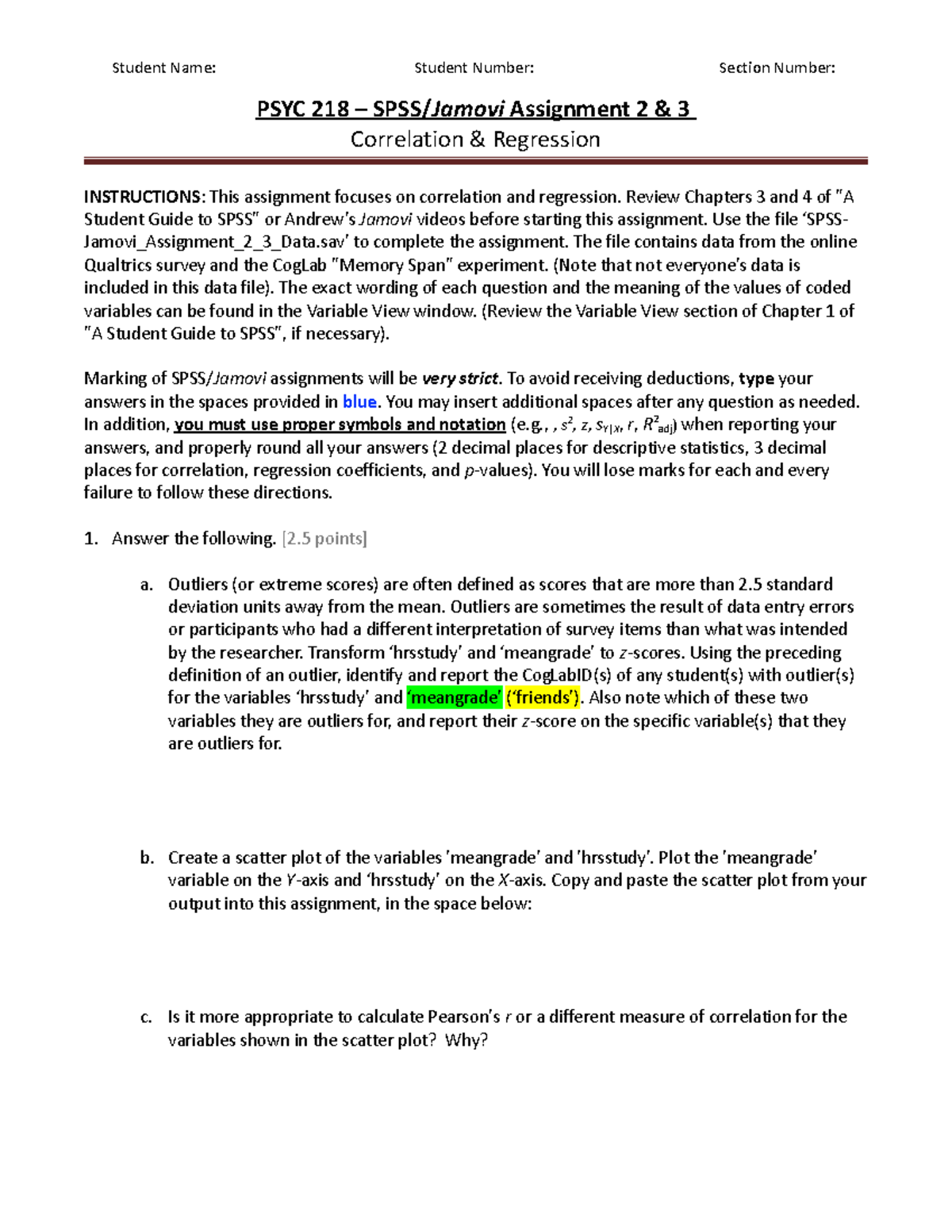 SPSS Assignment 2 3 2023 - PSYC 218 – SPSS/Jamovi Assignment 2 & 3 Correlation & Regression ...