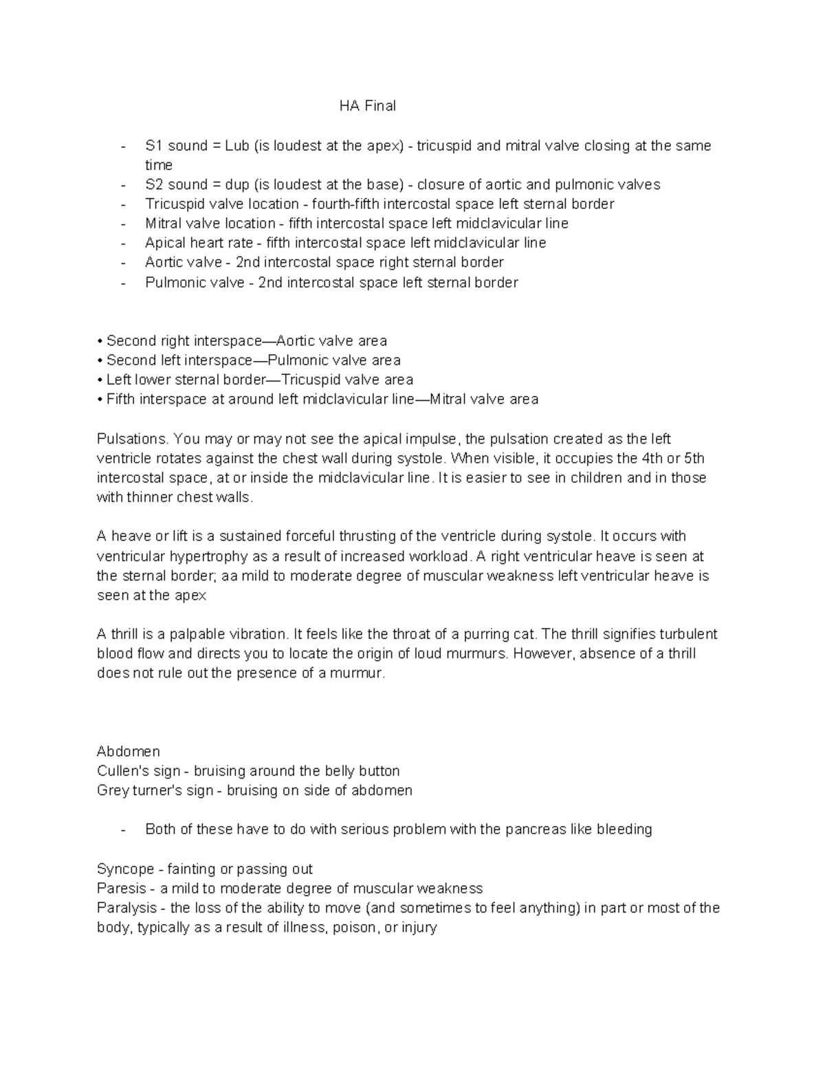 Untitled document - notes - HA Final S1 sound = Lub (is loudest at the ...