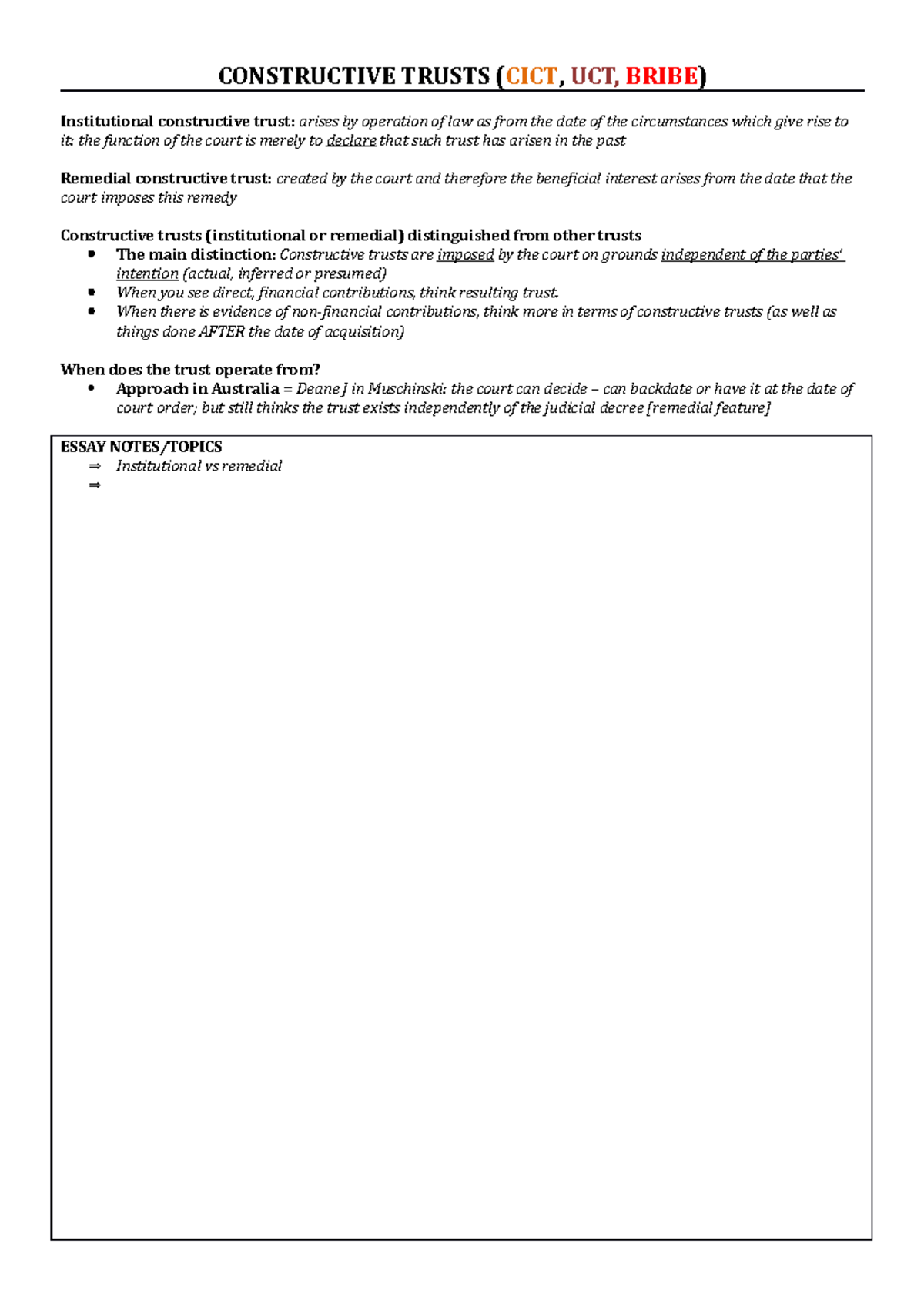 Constructive Trusts - CT Summaries - CONSTRUCTIVE TRUSTS (CICT, UCT ...