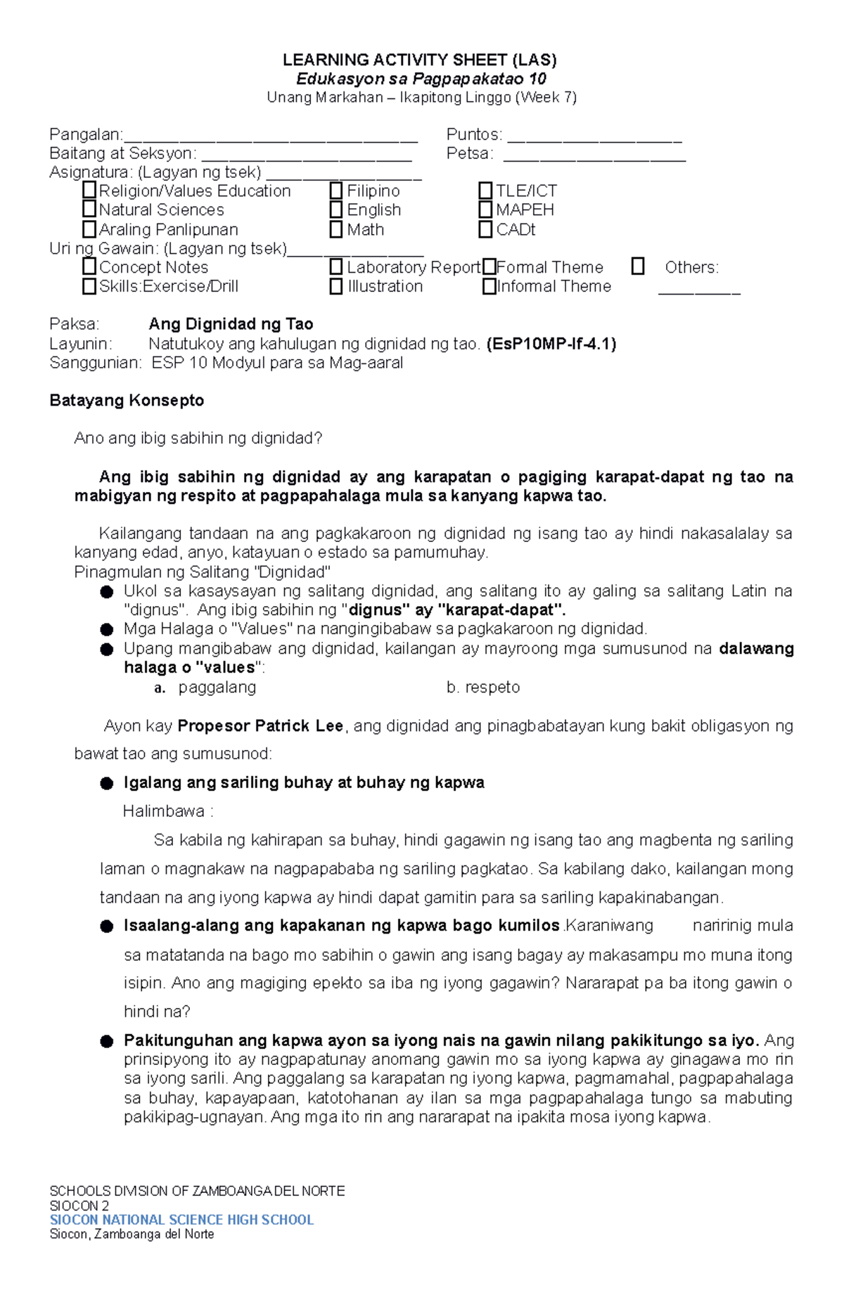 LAS 7 dignidad - Values Education - LEARNING ACTIVITY SHEET (LAS ...