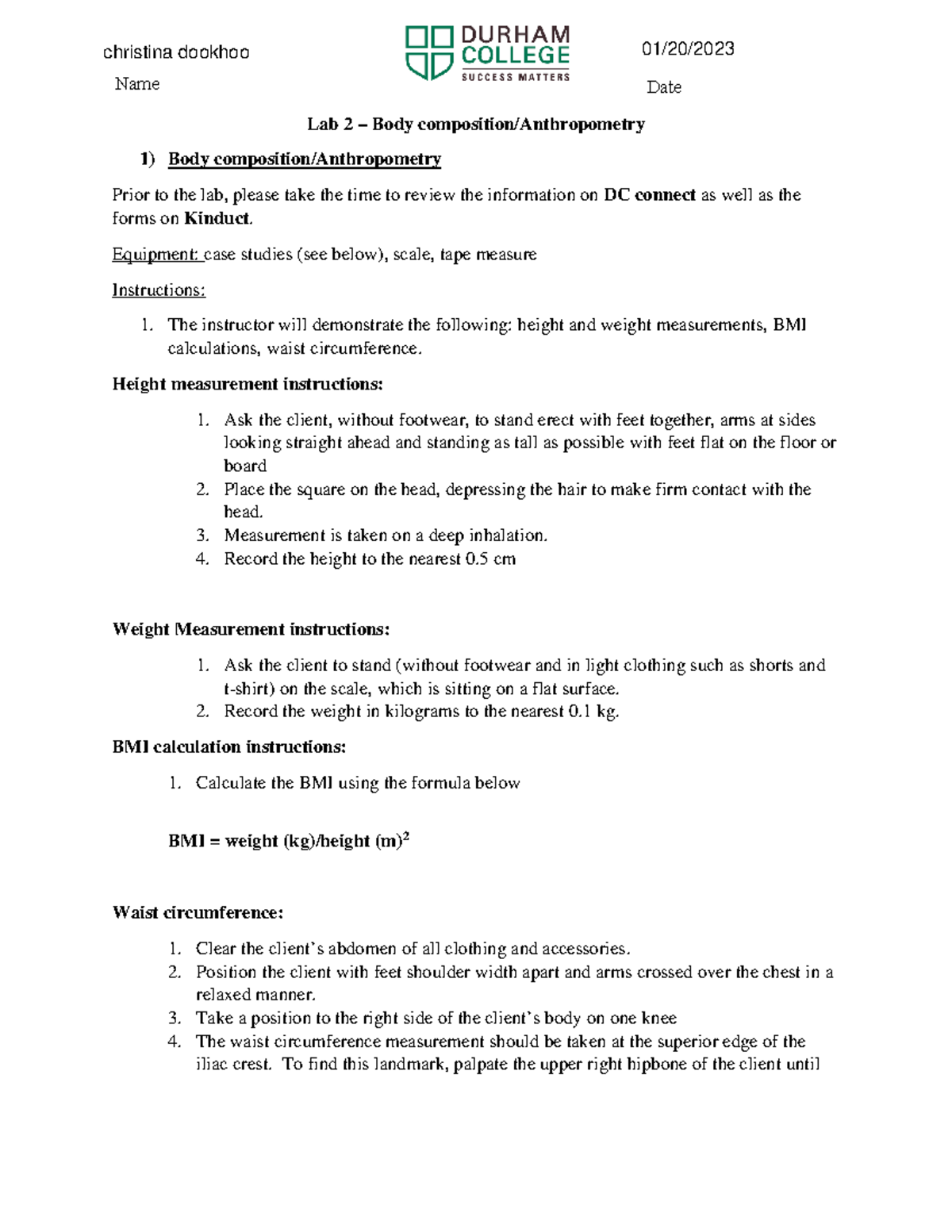 Lab 2 - Body composition - Case studies - in person - Lab 2 – Body ...
